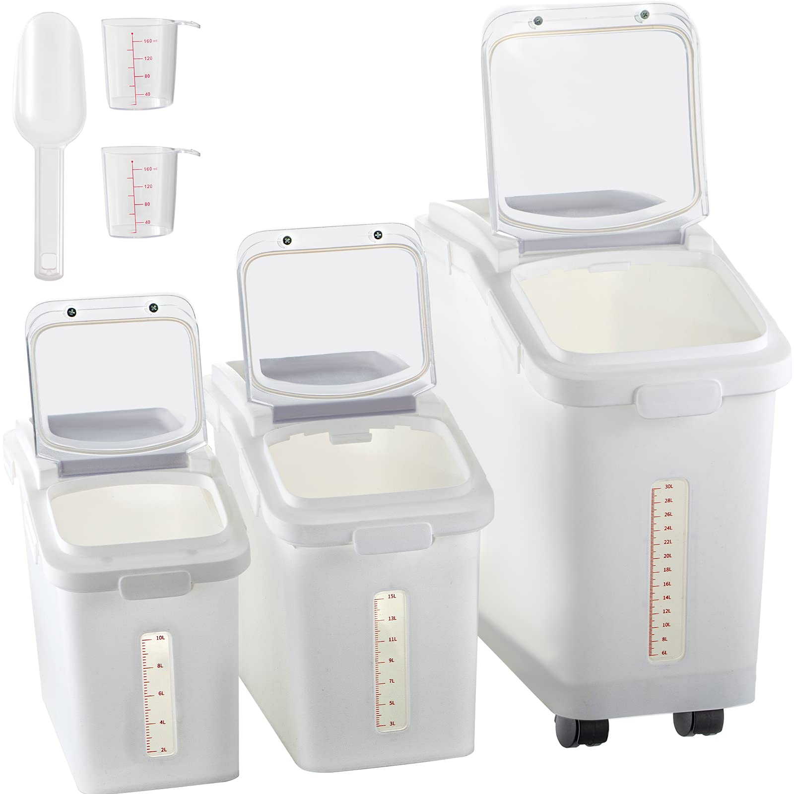 VEVOR Ingredient Storage Bin, 11.4+5.8+3.4 Gal Capacity Shelf Ingredient Bin, 500 Cup Flour Bins on Wheels Commercial Prosave Ingredient Bin with Lid and Scoop Rice Bin for Kitchen White