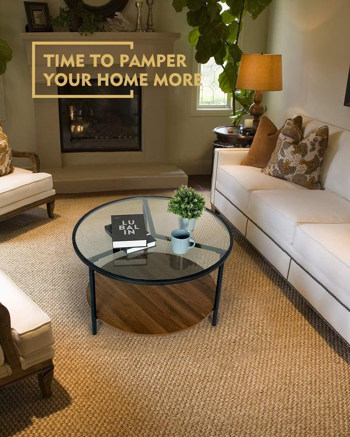 Moncot Round Coffee Table Small Coffee Table with Glass Top and Walnut Wood Shelf Modern Center Table with Metal Frame for Living Room