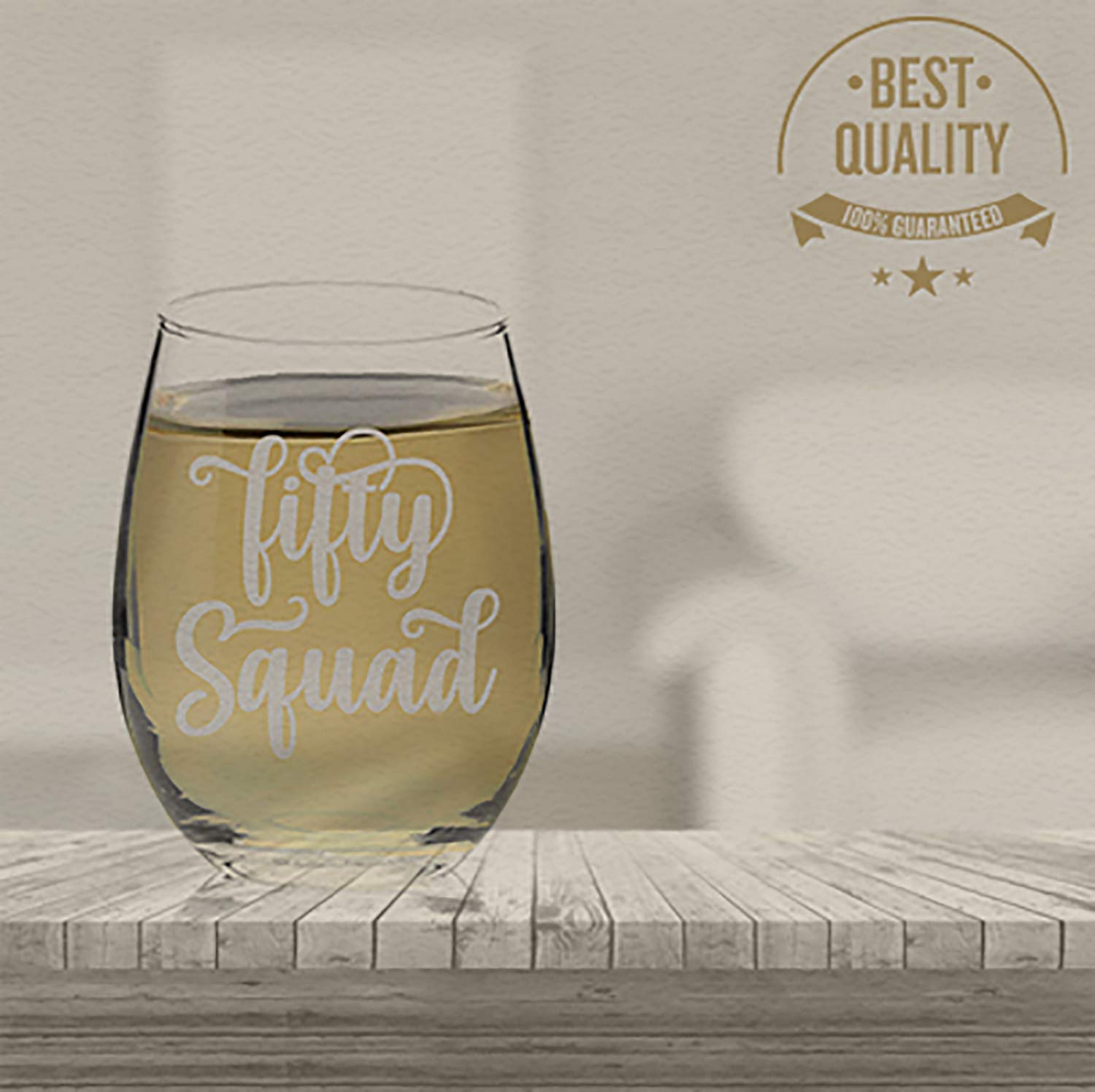 Veracco Fifty Squad Stemless Wine Glass 50th Birthday Gift For Him Her Fifty and Fabulous (Clear, Glass)