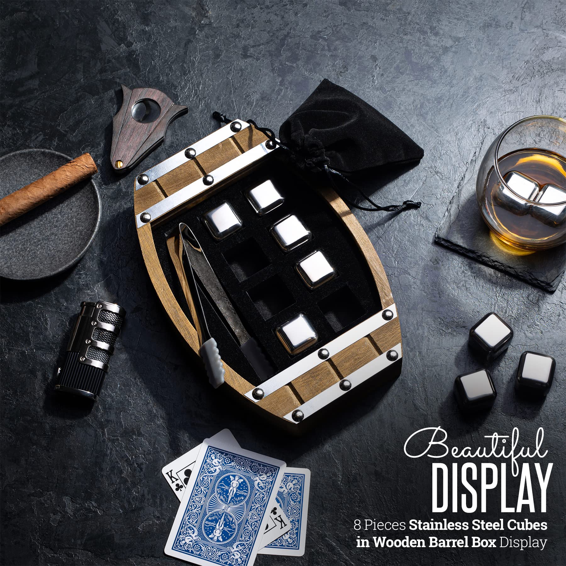 Whiskey Stone Gift Set - 8 Pieces Stainless Steel Cubes in Wooden Barrel Box Display Includes Reusable Stones, Felt Bag & Tongs - Keep Drinks Cold for Scotch, Beer, Wine, Cocktails for Women & Men