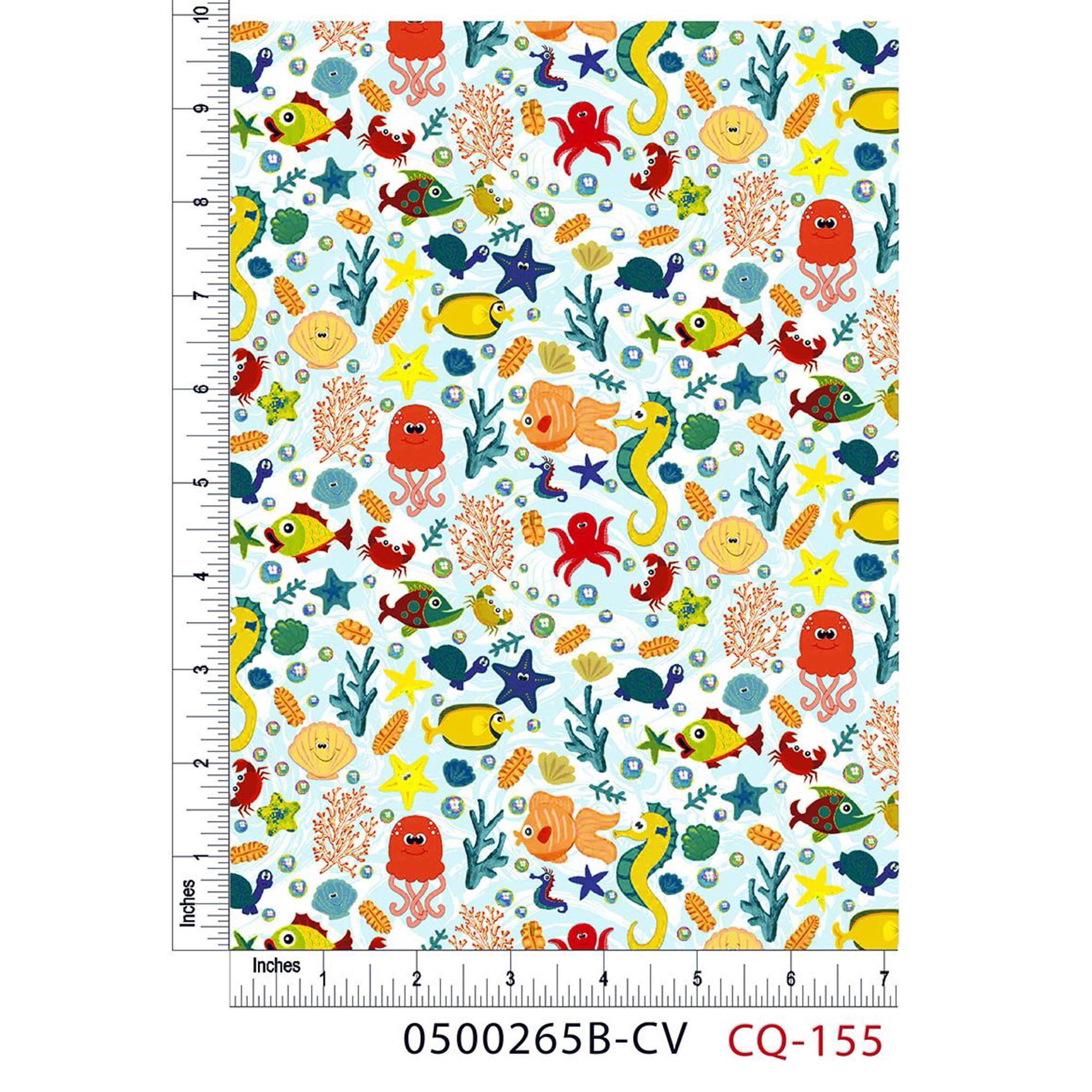 Sea Critter Friends Design 100% Cotton Quilting Fabric by The Yard (Light Blue, Yellow, Red, Orange)