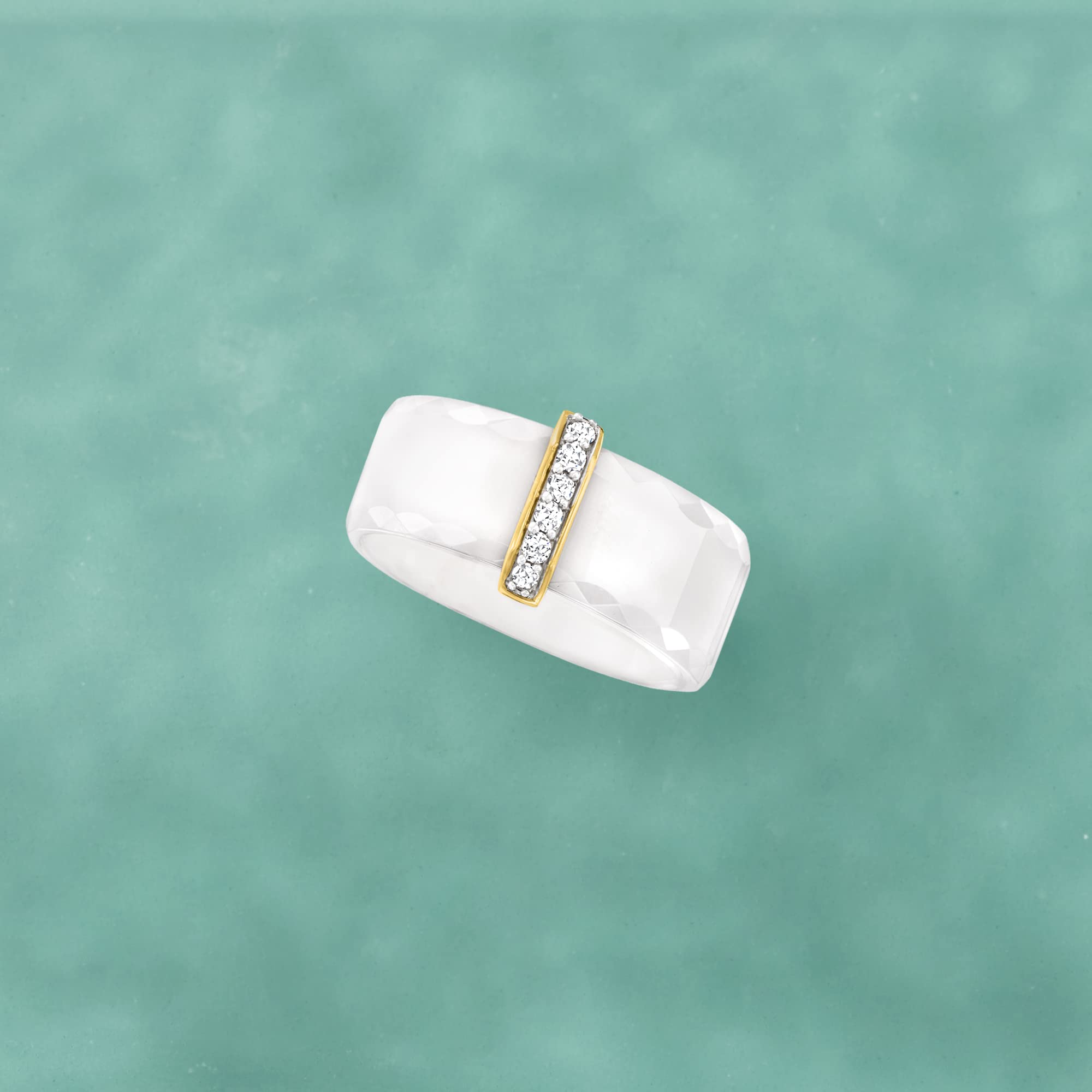Ross-Simons White Ceramic and .10 ct. t.w. Diamond Ring With 14kt Yellow Gold. Size 10