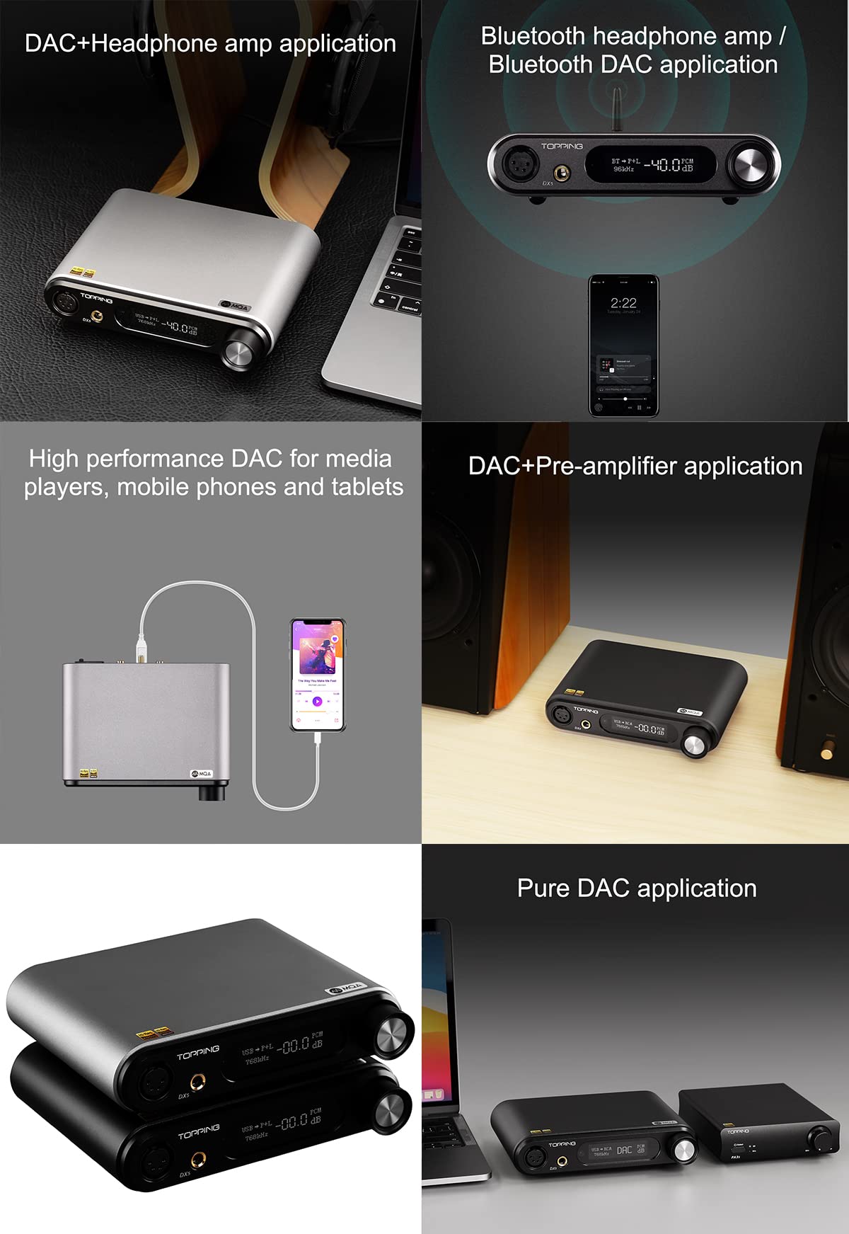 Topping DX5 MQA DAC Headphone Amp Full Balanced Audio Decoder ES9068AS*2 Chip NFCA USB/Optical/Coaxial Full MQA Decoding DA Converter Bluetooth LDAC XLR/RCA Output Headphone Amplifier (Gray)