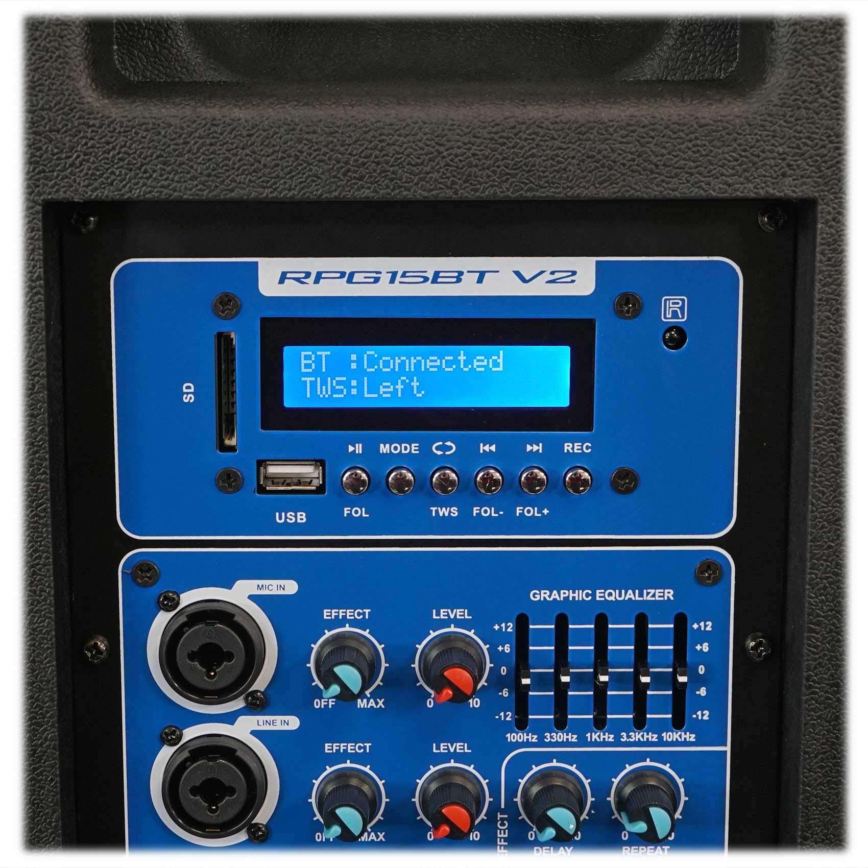 Rockville RPG15BT V2 15" Powered 1000W Speaker Bundle with & RCXMB20B 20' XLR to 1/4'' TRS Cable & (2) Speaker Stands & Rockville RWM1202VH Handheld Microphone & Mackie Mix12FX Compact Mixer (5 Item)