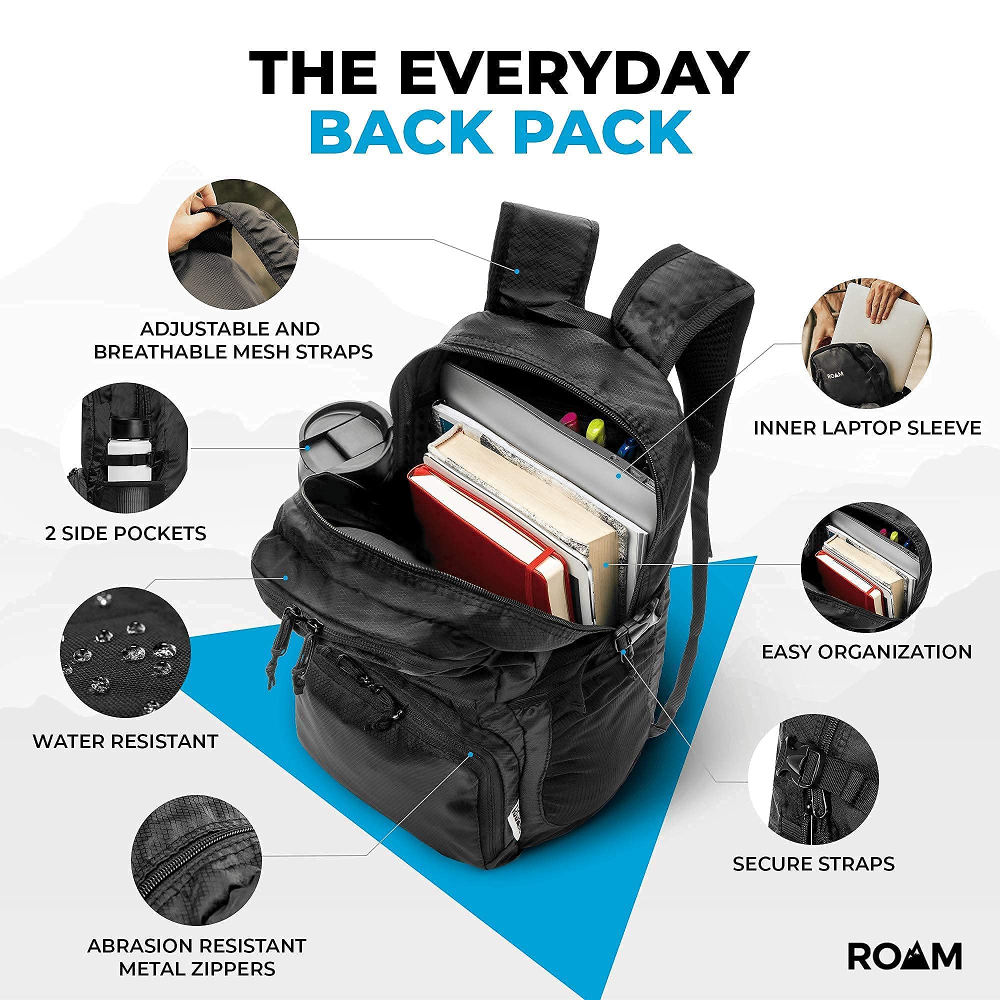 Roam 25L Hiking Daypack, Lightweight Packable Backpack, Rainproof, for Travel, Camping, Foldable, Durable, Water Resistant Ultra Light - Light Grey