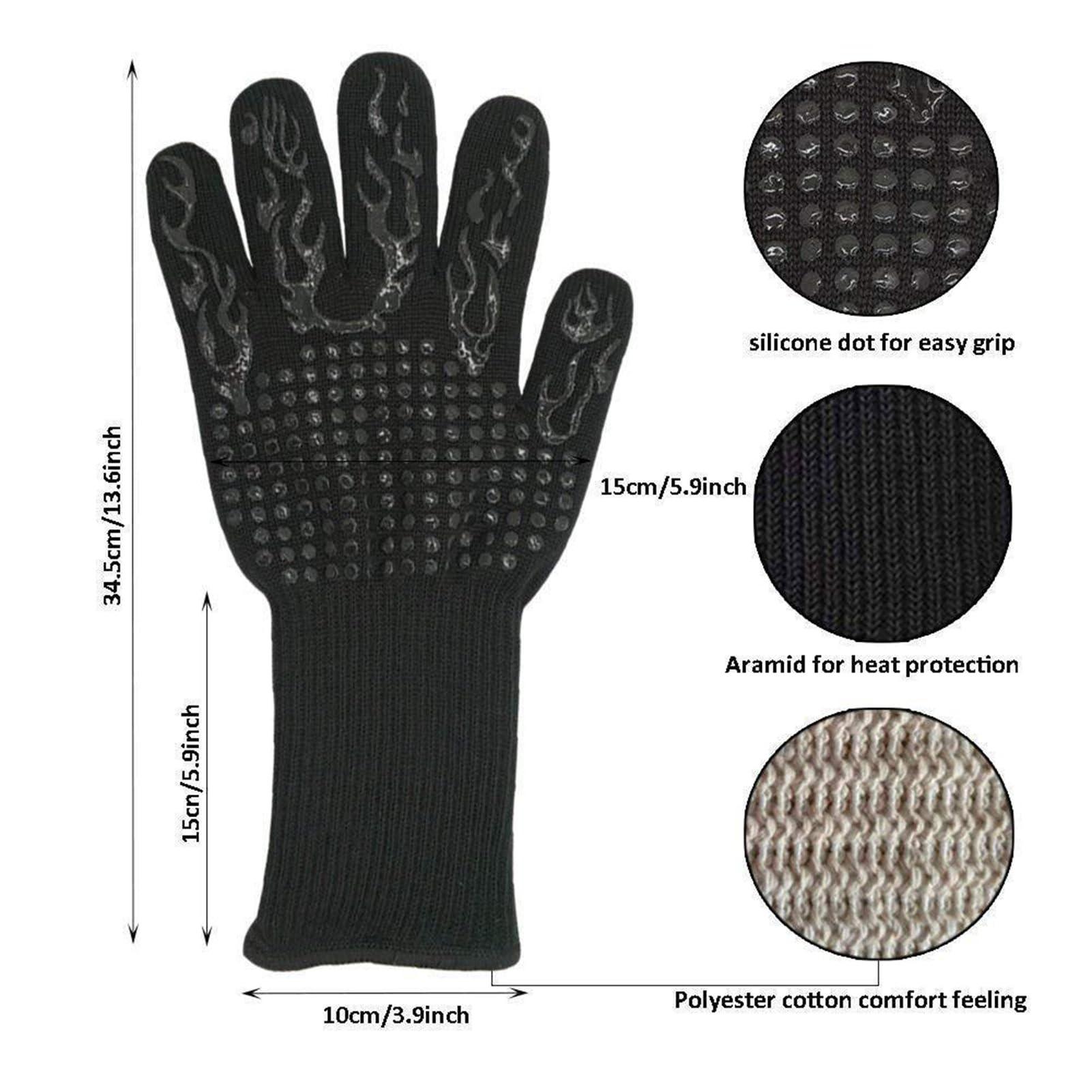 Oven Gloves, 3 Layers Heat-Resistant BBQ Gloves, Washable Kitchen Pot Glove, Non-Slip Oven Mitts Set, Long Cuffs Kitchen Grill Gloves for Homes, Barbecue, Grilling, Cooking, Baking and Camping