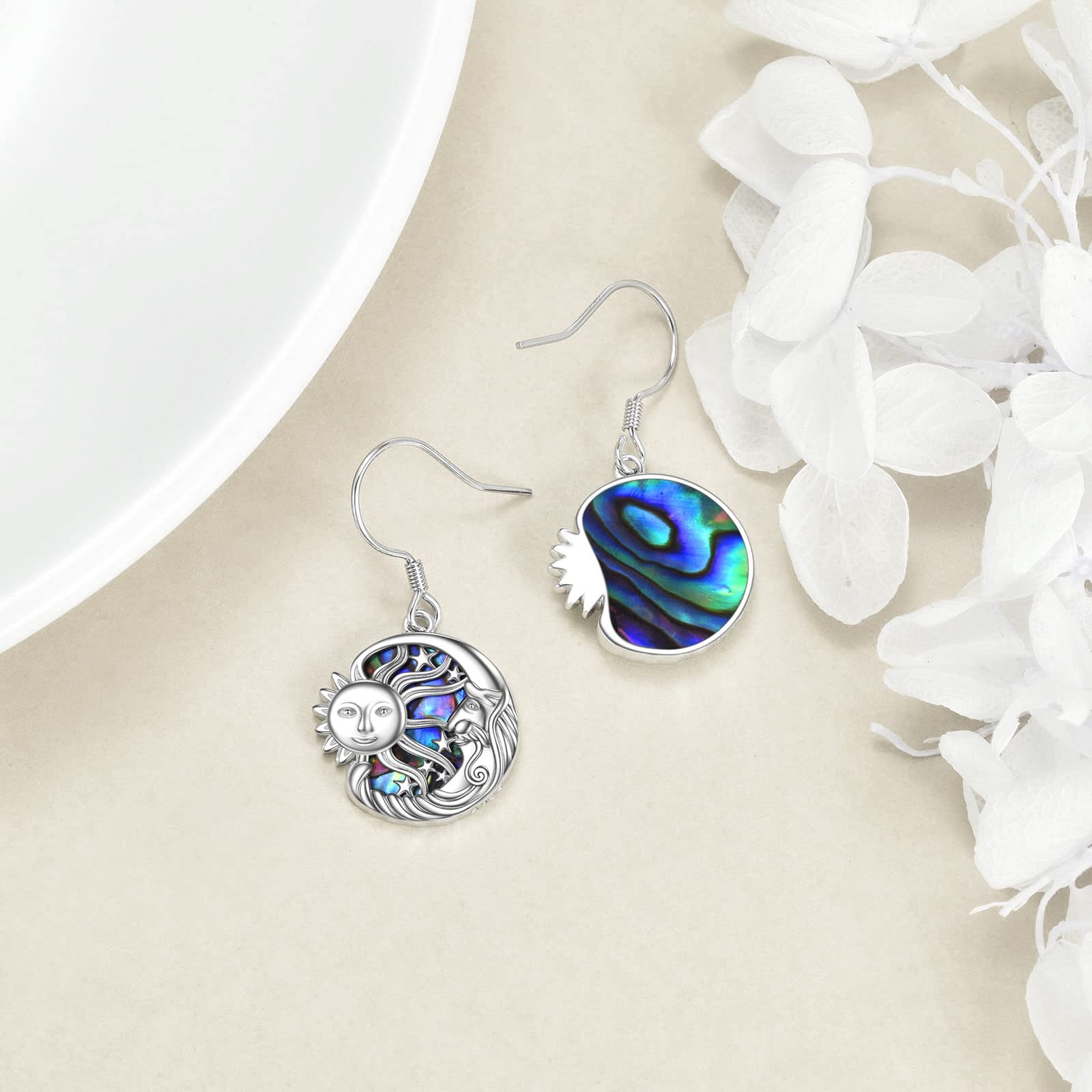 YFN Sun and Moon Earrings Sterling Silver Abalone Shell Dangle Drop Earrings Sun Moon Jewelry Gifts for Women Men