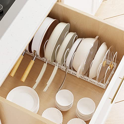 Rerii Pan Organizer Rack for Cabinet, Expandable Pots and Pans Organizer Rack, Cutting Board Pot Lid Holder Dish Drying Racks with 10 Adjustable Dividers for Kitchen Counter
