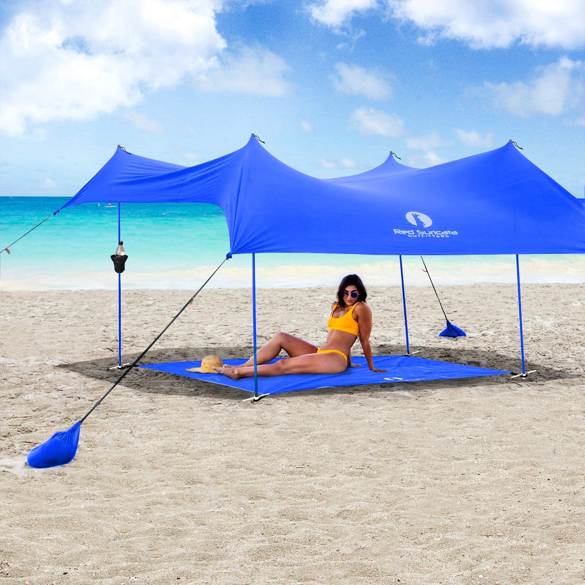 Red Suricata Family Beach Tent & Beach Canopy, Matching Sand Free Beach Mat Blanket & 2 Beverage Holders Bundle - UPF50 UV Sun Shade Shelter (Large, Blue)