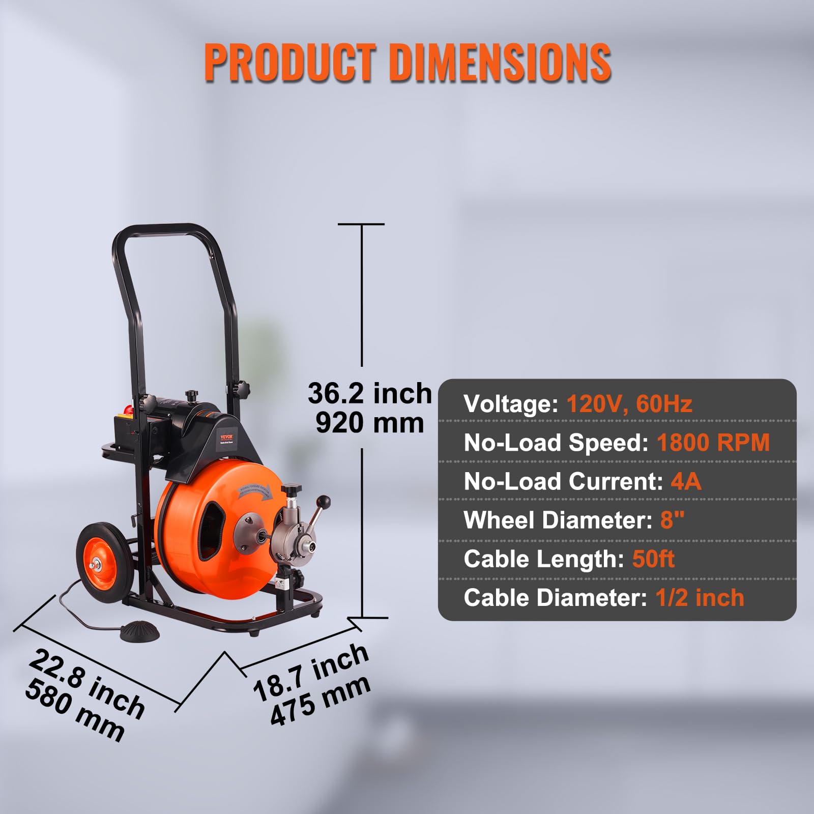 VEVOR Sewer Snake Machine 50FTx1/2Inch, Drain Cleaning Machine with 4 Wheels, Electri Drain Auger 4 Cutters & Foot Switch for 1''- 4''Pipes