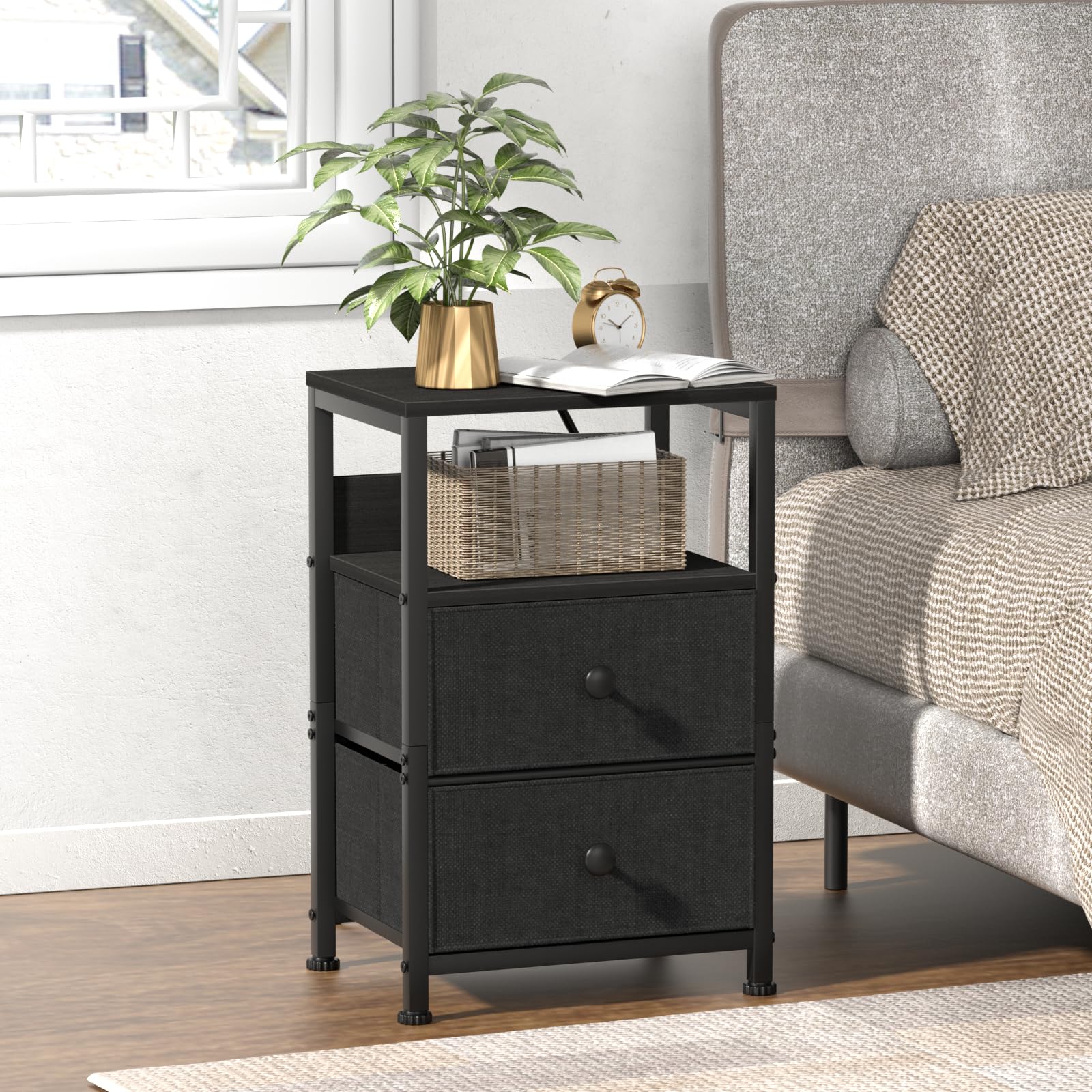 OELUBBY Nightstand with Charging Station & USB Ports, End Table with Fabric Drawers Storage Shelf, Sofa Bed Side Table Night Stand for Bedroom Living Room, Black