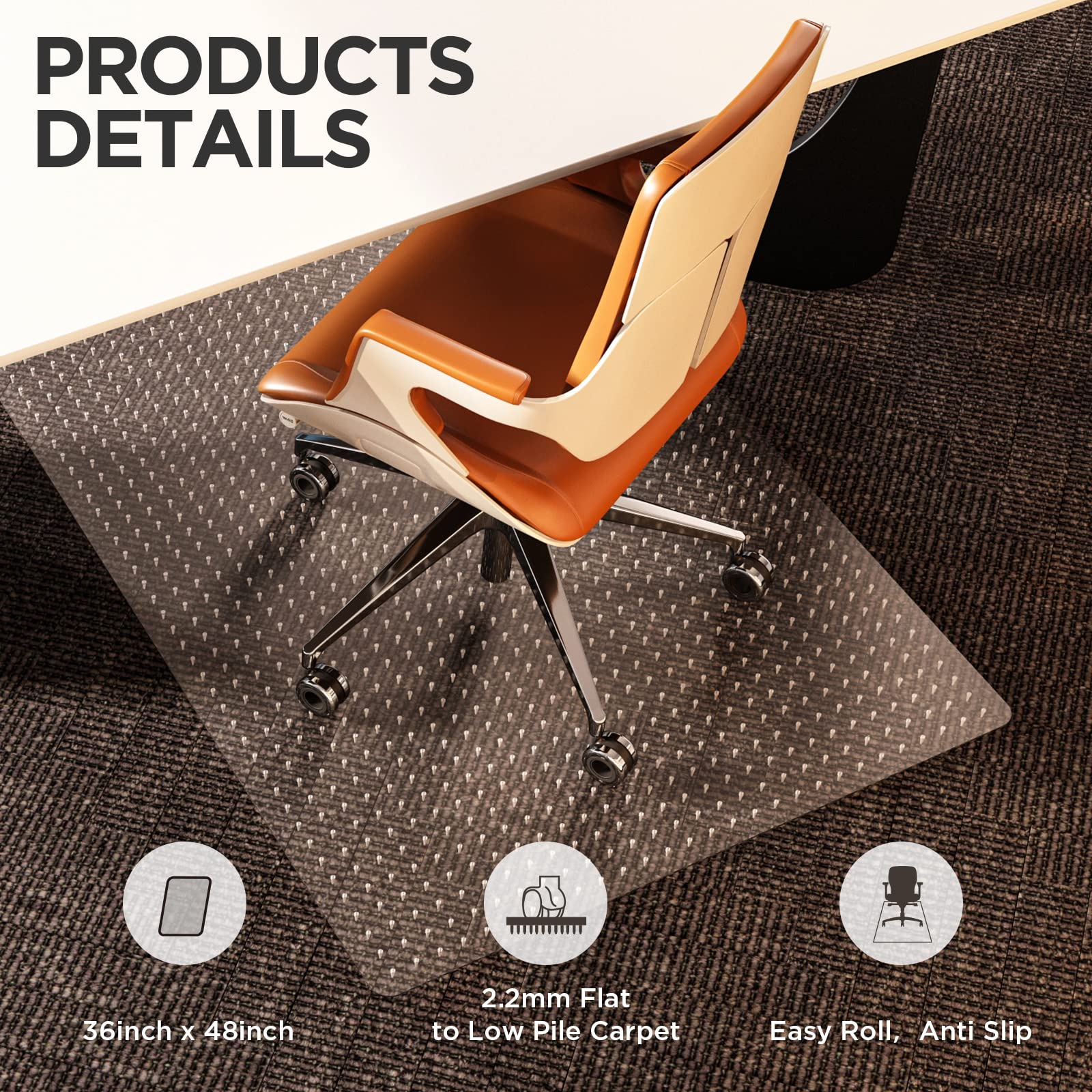 Office Chair Mat for Carpet with Lip, 48"X36" 2.2mm Thick, Desk Chair Mat with Studs for Low, Standard, and No Pile Carpeted Floors, Easy Flat and Glide, Transparent and Sturdy