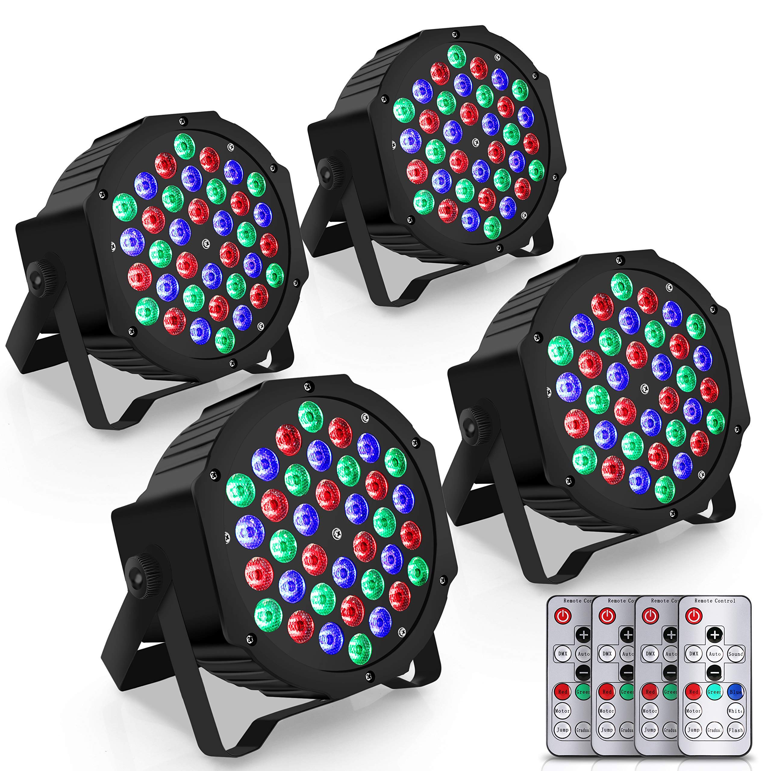 Pyle 4pcs Dj Par Lights Set - DMX, 40W 36 RGB LED Stage Projector Lights Package w/ Sound Sync, Master-Slave Mode - Professional Party Nightclub Lights Uplighting Lights for Events - Pyle PLDJLT44