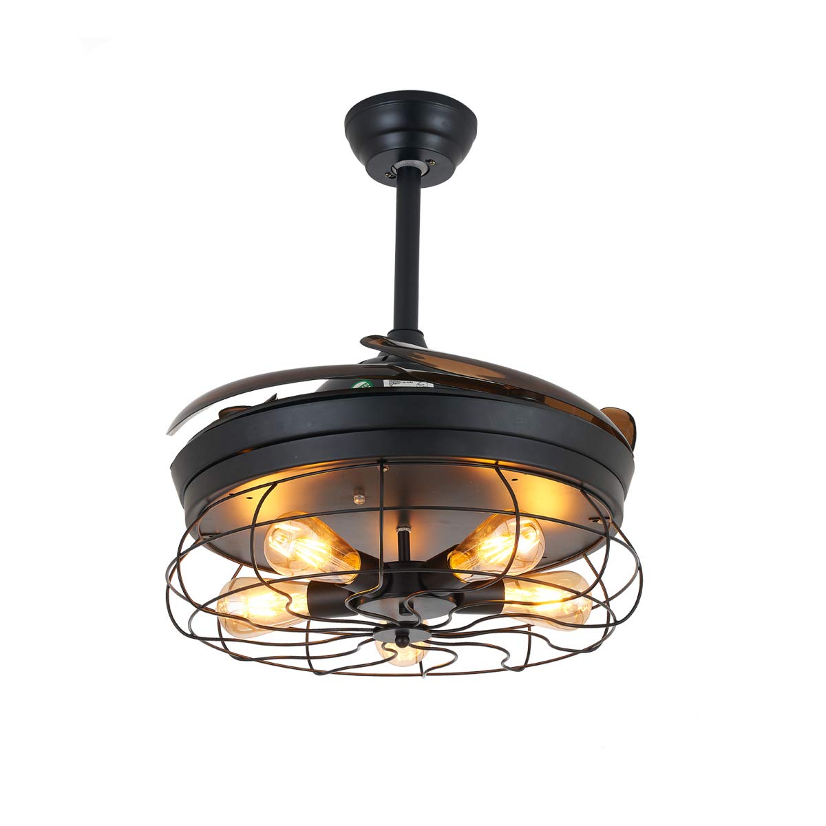 OUKANING Ceiling Fan with Light Industrial Ceiling Fan Retractable Blades Vintage Cage Chandelier Fan with Remote Control-5 Edison Bulbs Needed Not Included (36 Inch)