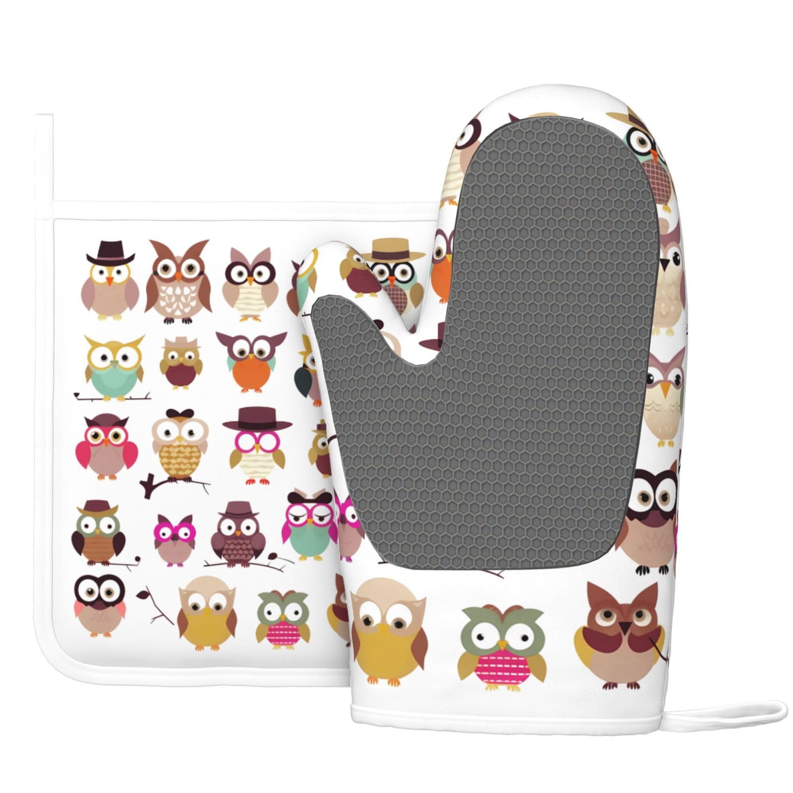 Oven Mitts Pot Holders Sets Funny Owl Cartoon Silicone Oven Gloves Kitchen Accessories for Baking Cooking Family Gathering