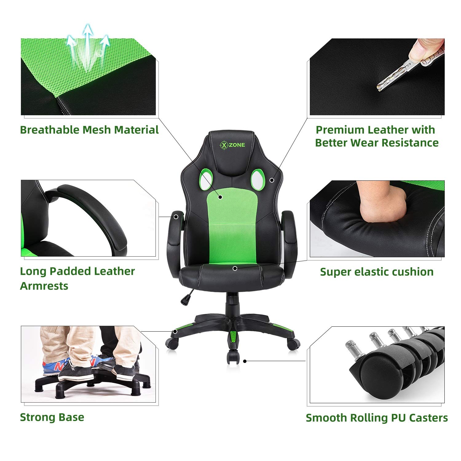 Seatingplus Video Gaming Chair, High Back Adjustable Racing Style Computer Office Chair, Bonded Leather Mesh Desk Chair with Height Adjustment and Padded Armrests (Green)