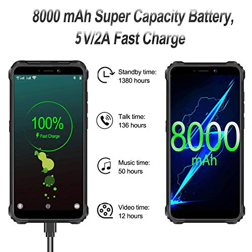 OUKITEL WP5 8000mAh Battery IP68 Waterproof Rugged Smartphone, 5.5in HD+ 4GB 32GB Unlocked, Face ID Fingerprint Triple Camera Global Version 4G LTE GSM Cell Phone (Black)