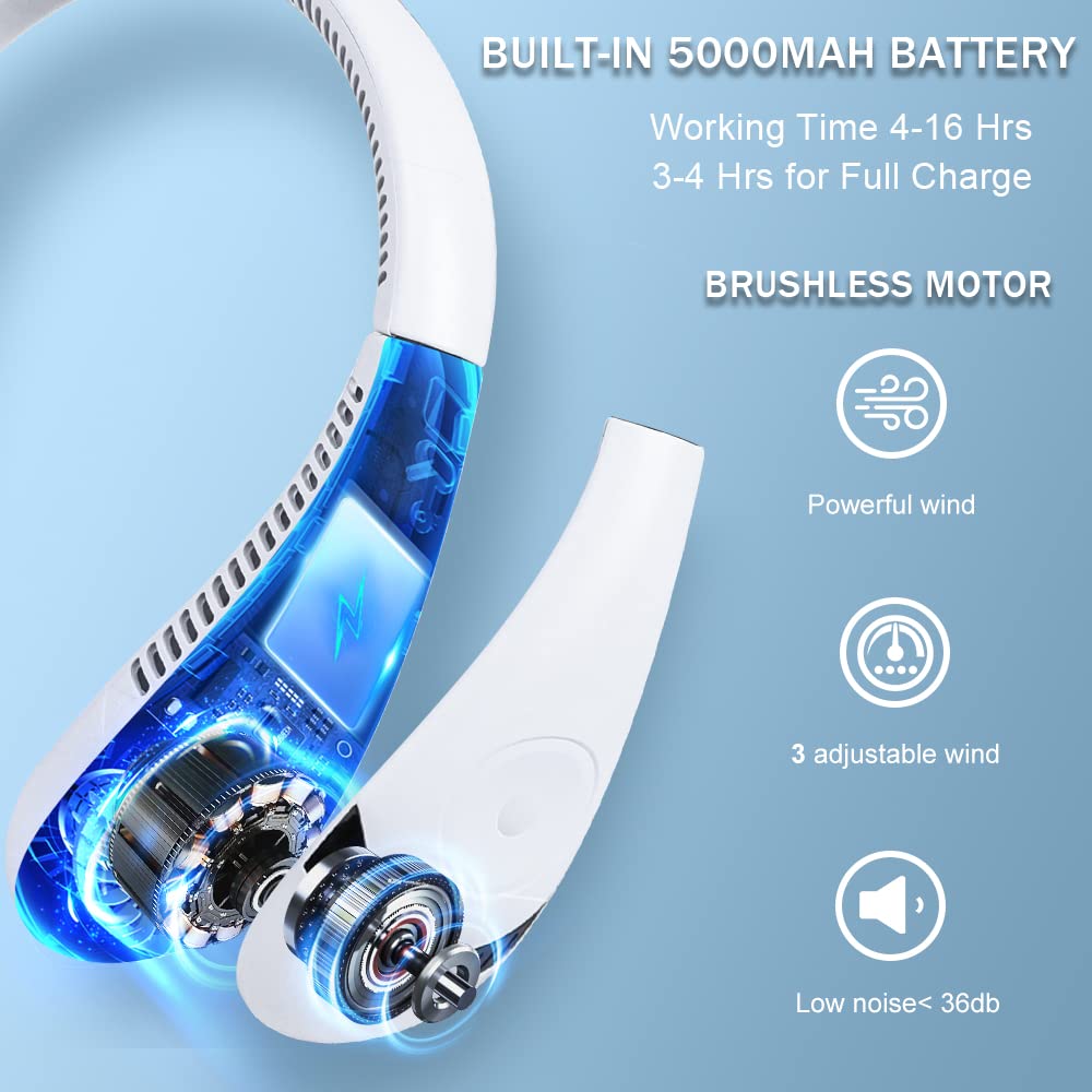 XASERDY Portable Neck Fan Clearance,5000mAh Bladeless Hands Free Fans,Rechargeable Foldable Personal Fan,USB Powered Desk Fan,Leafless Hanging Fan-White