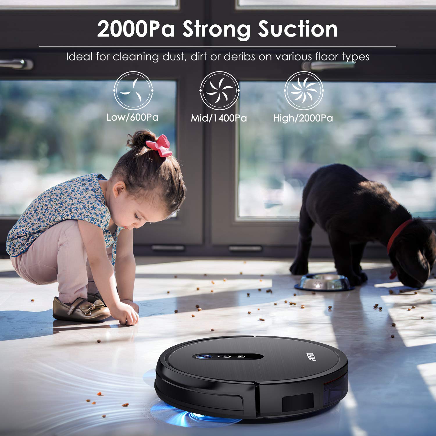 Robot Vacuum, 2000Pa Robot Vacuum Cleaner, Smart Visual Navigation, APP and Remote Control, 110mins Runtime, Multi Cleaning Modes Robotic Vacuum Cleaner Best for Pet Hairs, Hard Floor, Carpet