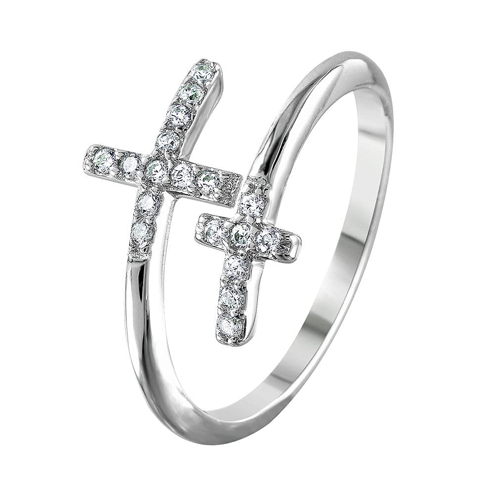 Sterling Silver 925 Cross Ring Double Cross CZ Open Ring Symbolic Jewelry (6)