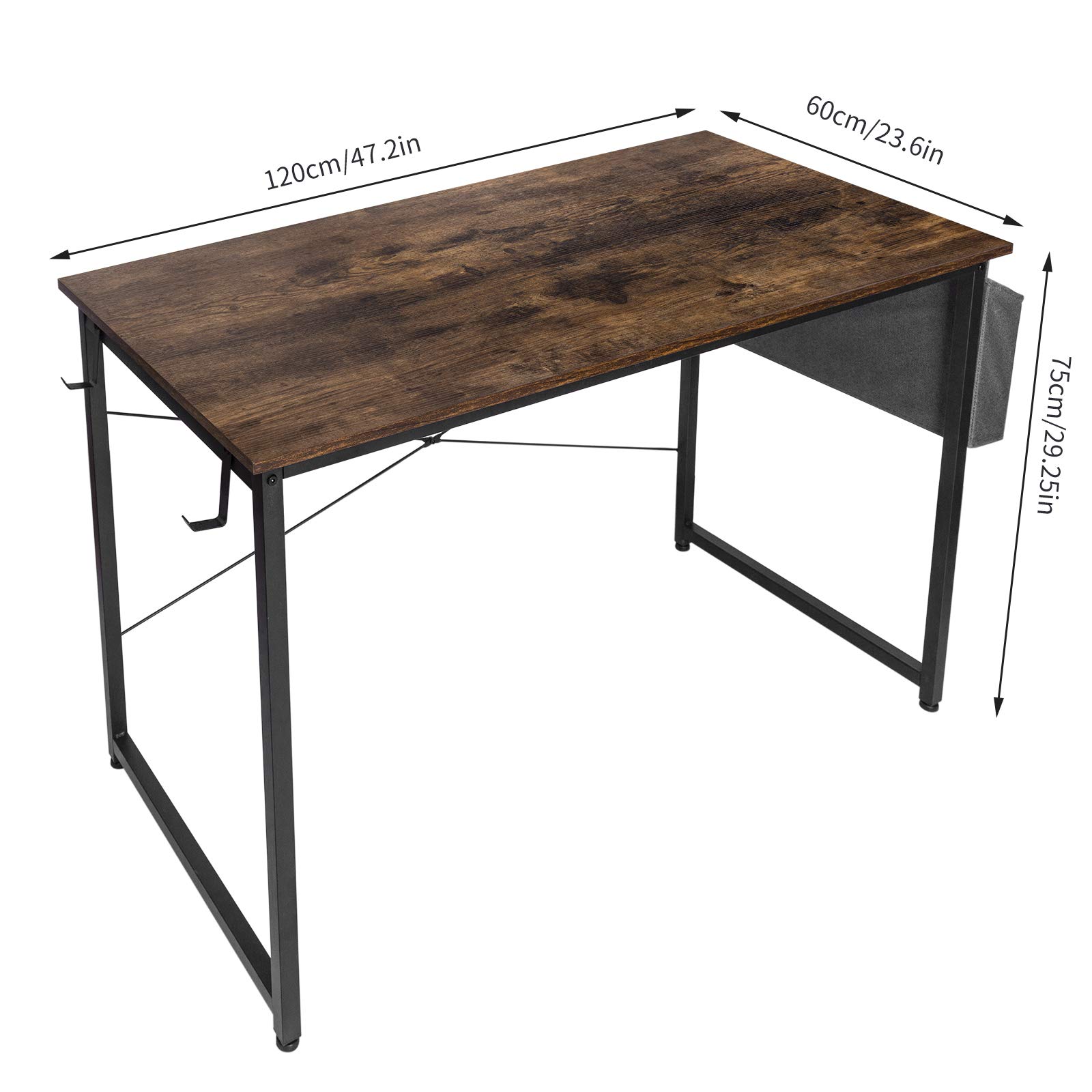 REAHOME Computer Desks 47 inch for Home Office Writing Table Bedroom Desks with Storage Bag and Iron Hook Modern Simple Style for Small Spaces（Rustic Brown）