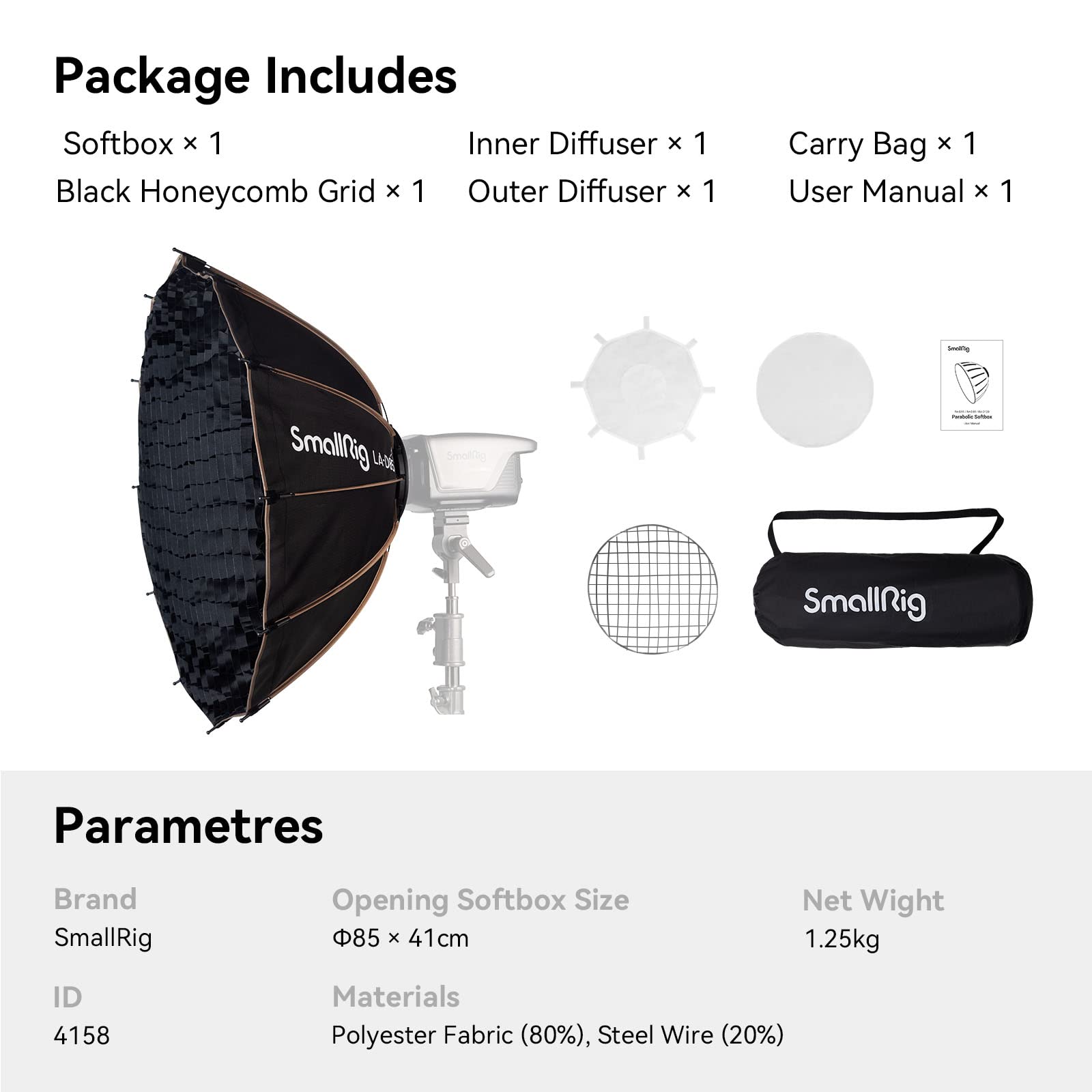SMALLRIG Parabolic Softbox LA-D85 85cm Quick Release, Compatible with SmallRig RC 120D/RC 120B/RC 220D/RC220B and Other Bowens Mount Light - 4158