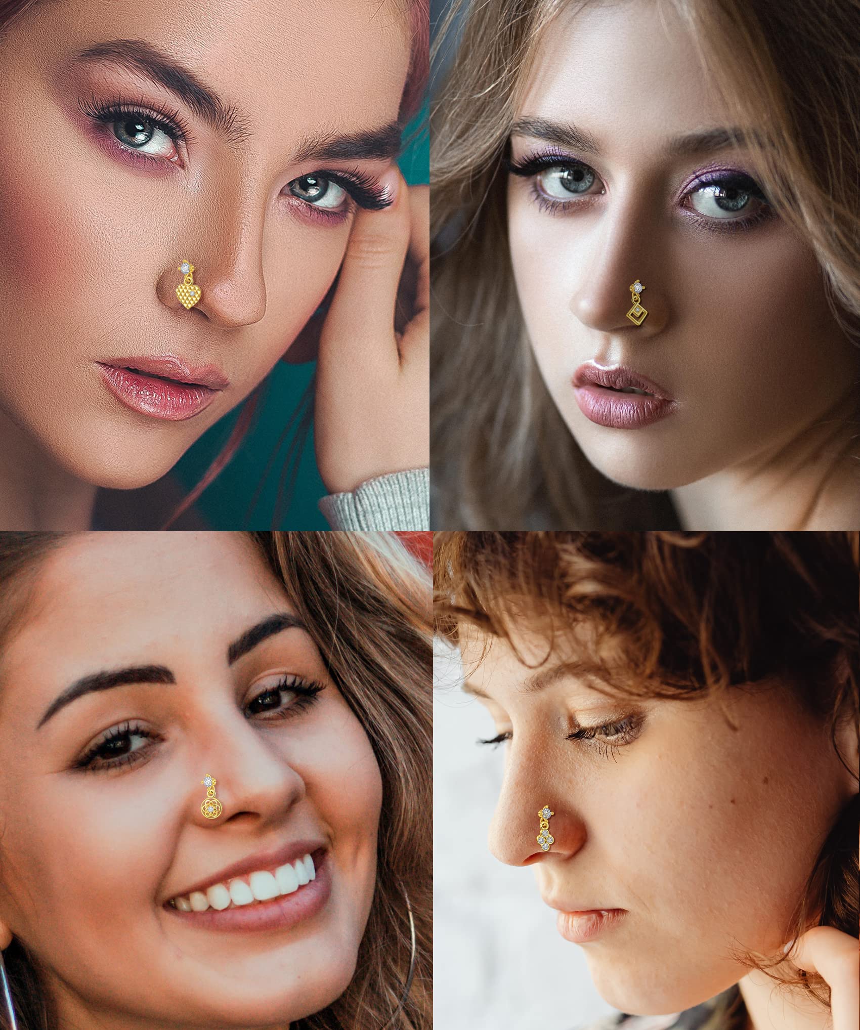 Tornito 12Pcs Nose Ring Studs L Shaped Dangling Butterfly Heart Flower CZ Nose Rings Stud Nostril Body Piercing Jewelry for Women Men 20G Silver Tone
