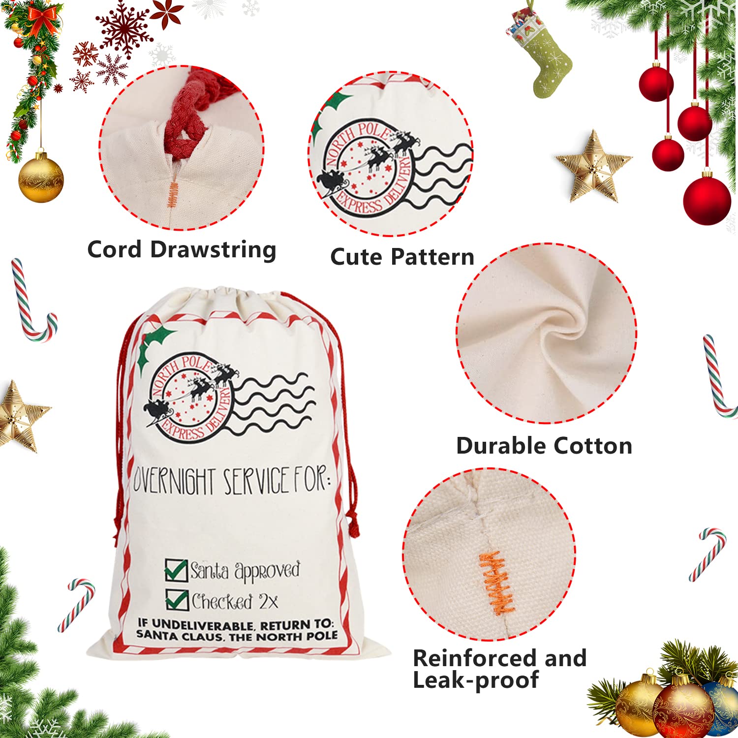 PIXHOTUL 6 Pack Santa Sacks Large Christmas Cotton Bags Drawstring Christmas Sacks for Kids 27.5" x 19.5"
