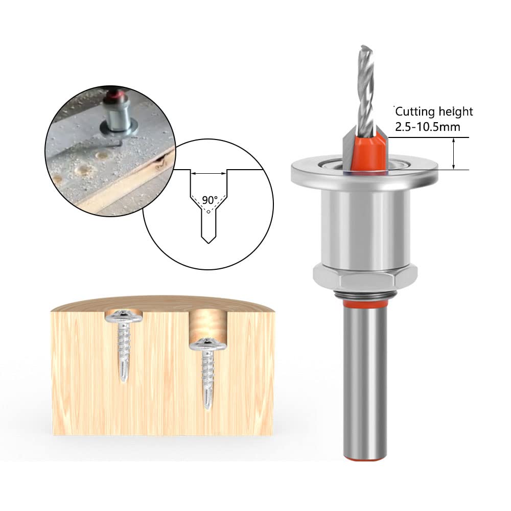 Wilsnsun Carbide Tipped 90° Countersink with Adjustable Low Friction Depth Stop,Multifunctional Round Shank Bore Woodworking Drill Bit,Taper Drill Bit,Counterbore Drill Bit (Dia3.5mm Drill )