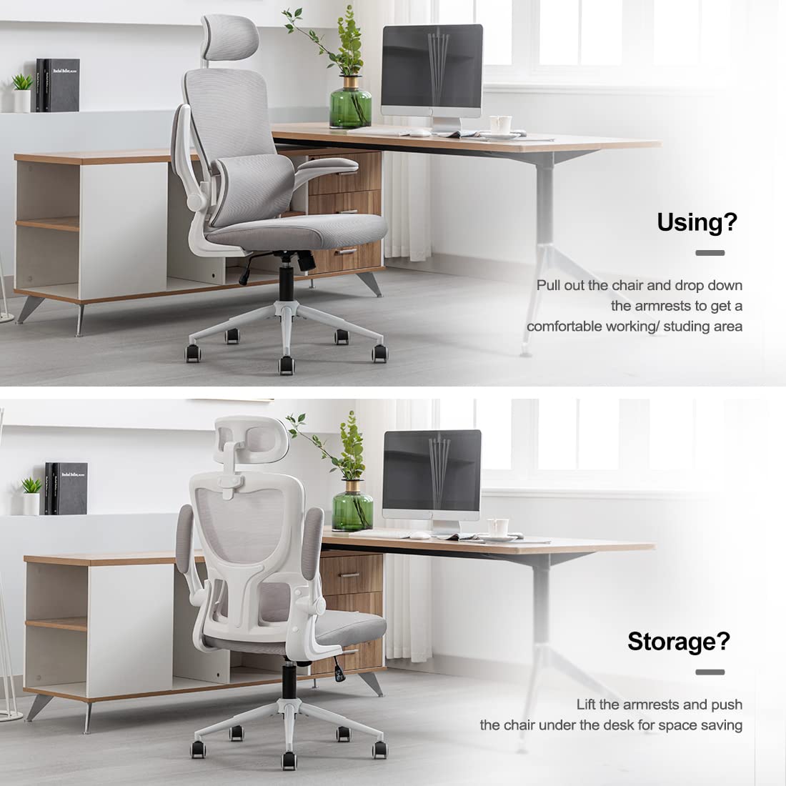 Office Chair Height-adjustable Ergonomic Desk Chair with Self-adaptive Lumbar Support Breathable Mesh Computer Chair High Back Swivel Task Chair with Adjustable Headrest and Flip-up Armrests - Grey