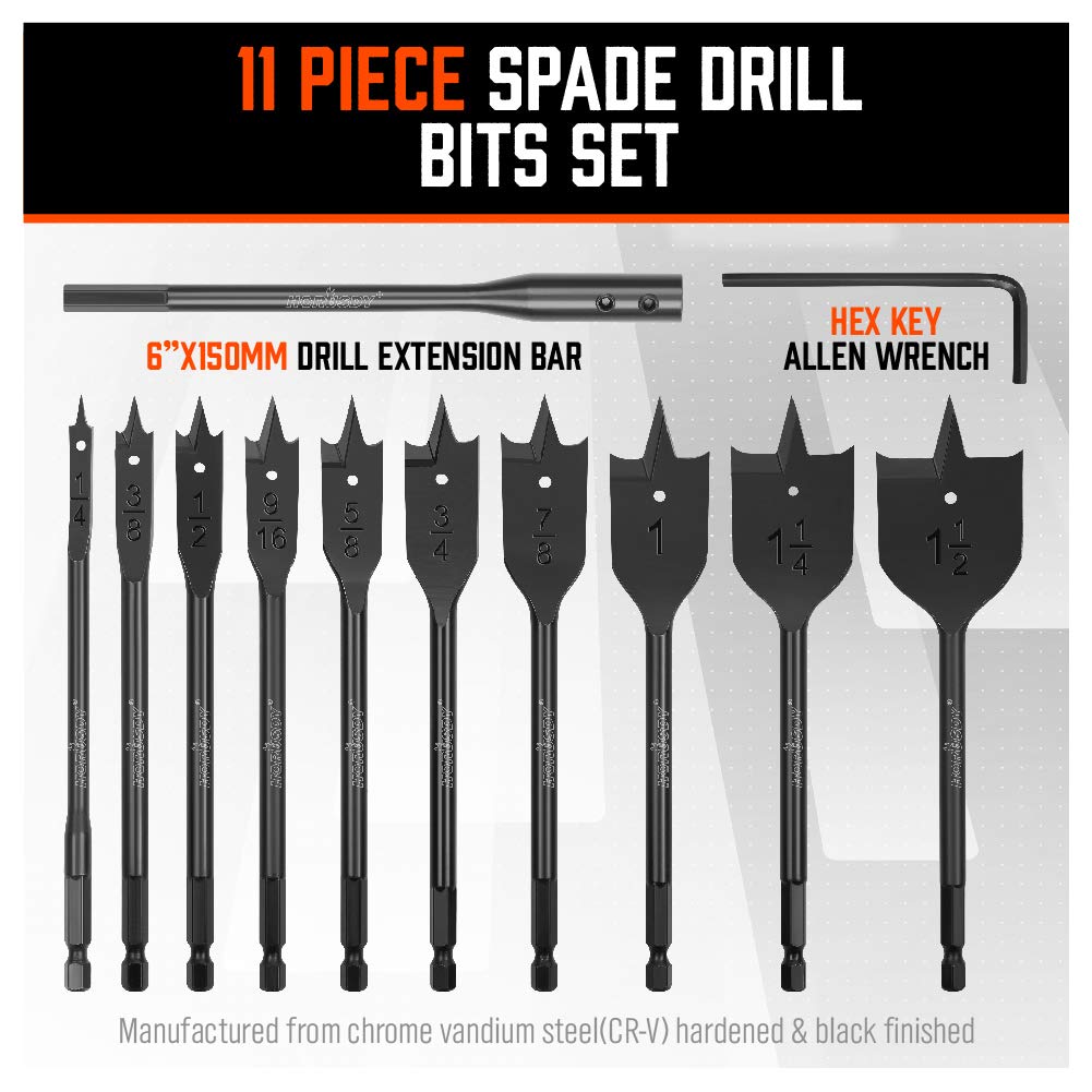 SEDY 11-Pieces Spade Drill Bit Set, Paddle Flat Bits with Extension for Woodworking, Industrial Grade Carbon Steel Black Coat, 1/4" to 1-1/2" with Storage Bag and Exquisite Packaging