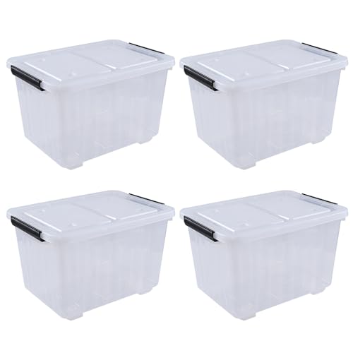Sadstory 30 Quart Plastic Latch Storage Bin with Lid, Clear Latching Tote with Wheels, 4 Packs