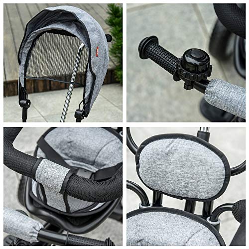 Qaba Baby Tricycle 2 in 1 Trike with Adjustable Canopy Detachable Guardrail Belt for Age 6-60 Months, Grey