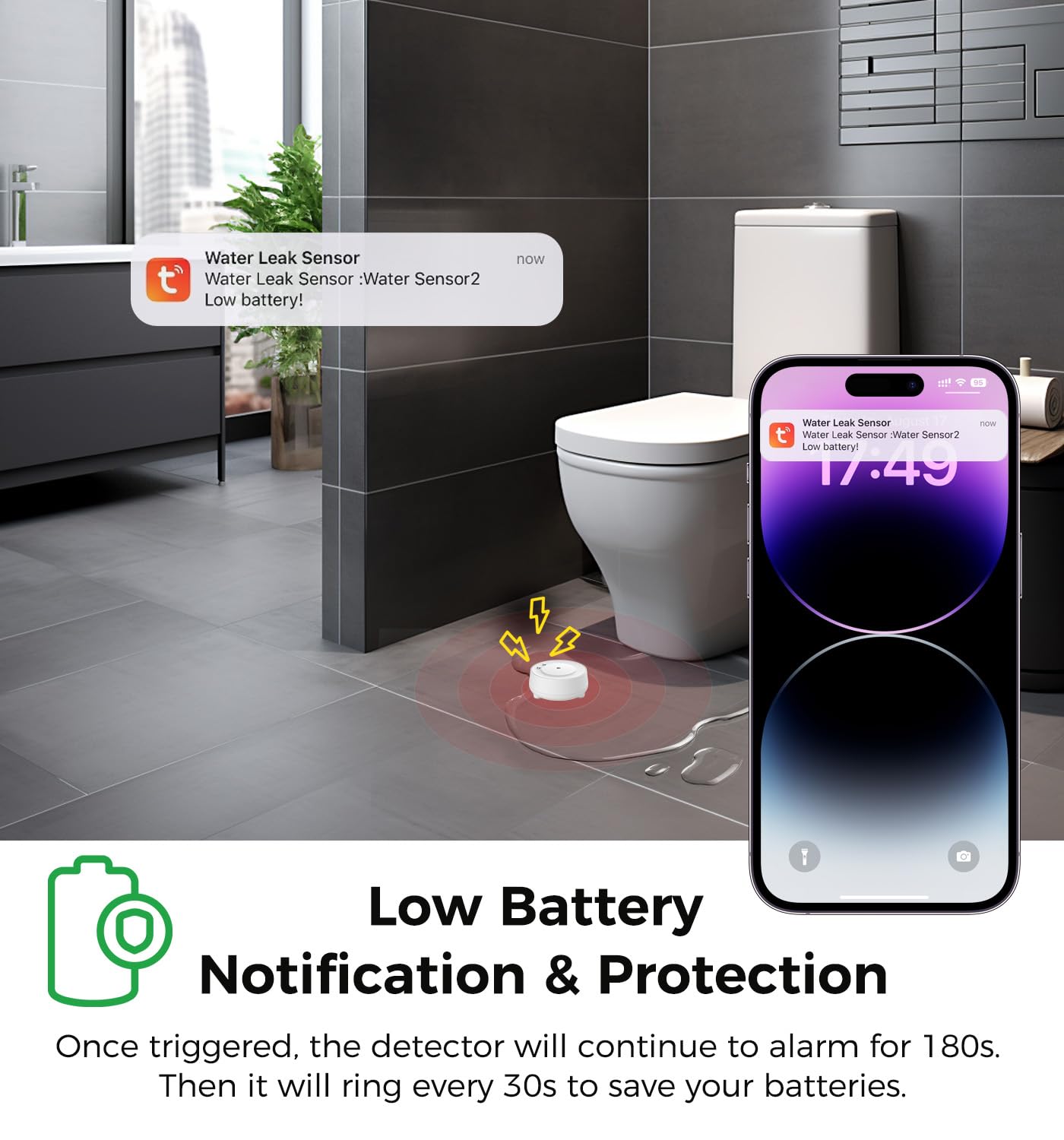 Smart Water Leak Detector,WiFi Water Sensor Alarm,110dB Adjustable Audio Alarm,IP65 Waterproof,4 Sensor Probes,32 Ringtones,app Control for Home,Kitchen,Bathroom,Basement