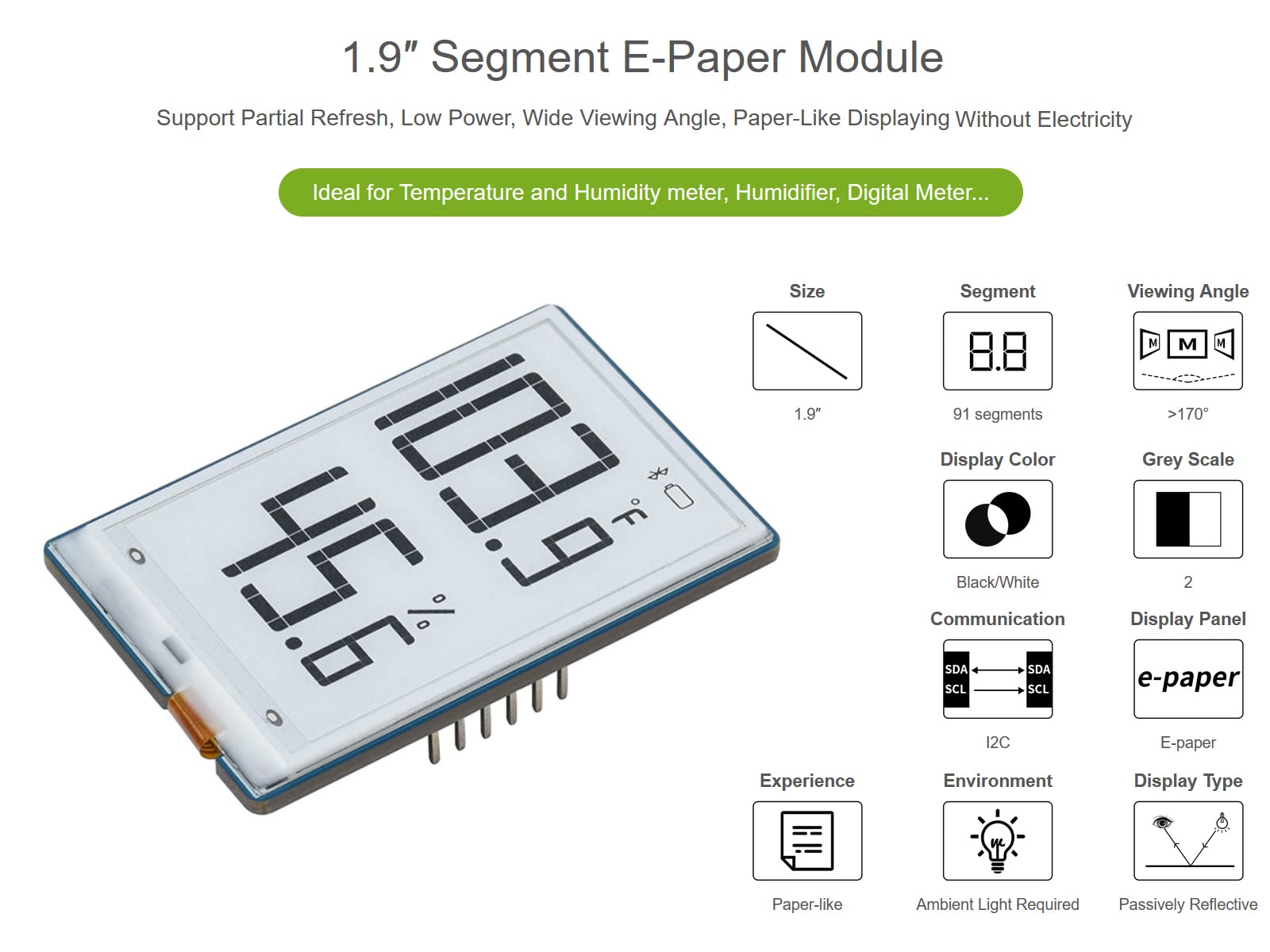 waveshare 1.9inch E-Paper Module 91 Segments E-Ink Display for Raspberry Pi/Arduino/STM32, Black/White Display Color, I2C Bus, Support Partial Refresh, 3.3V/5V