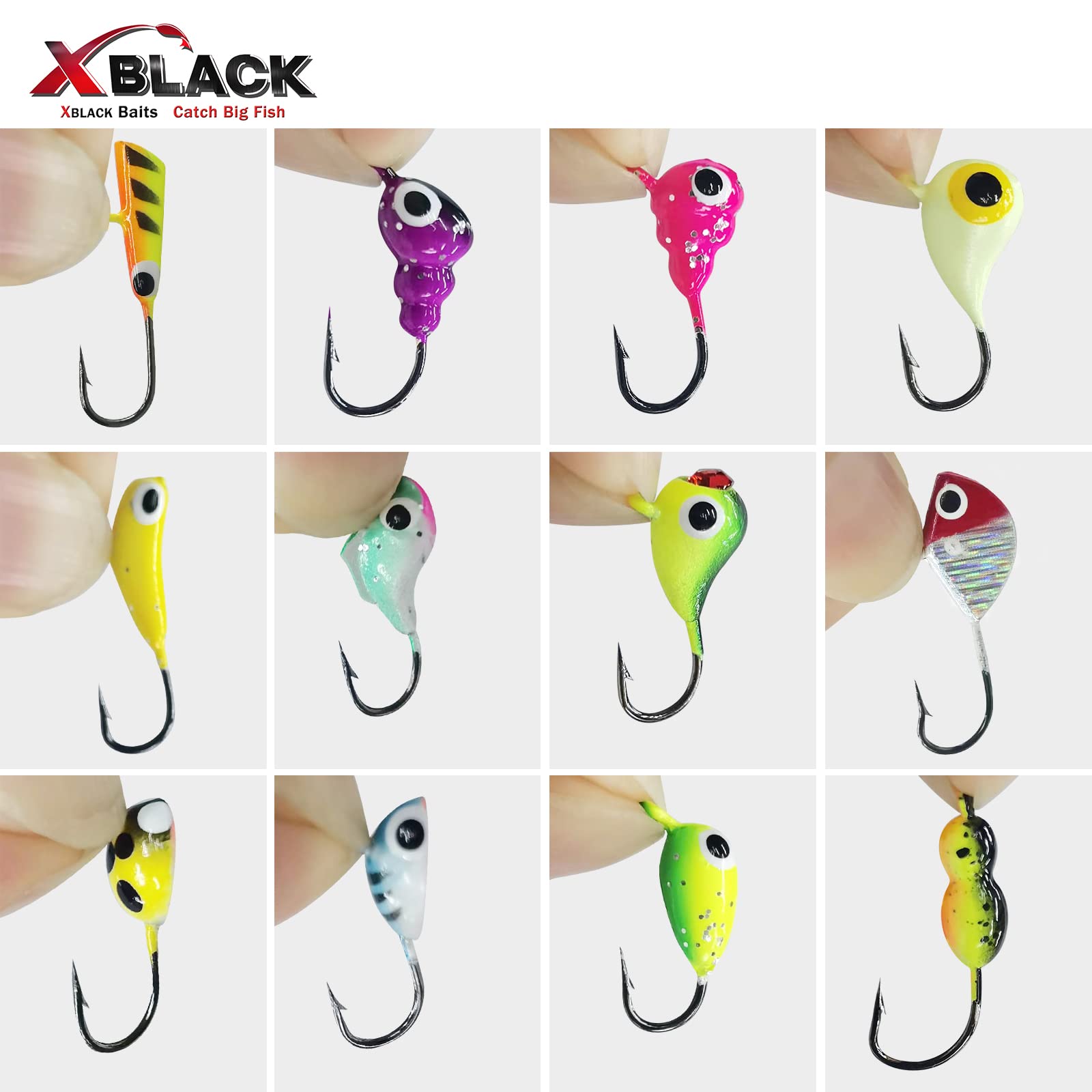 XBLACK Ice Fishing Jigs Kit Ice Fishing Lures 55PCS for Beginner Starter, XBLACK Baits, Catch Big Fish!