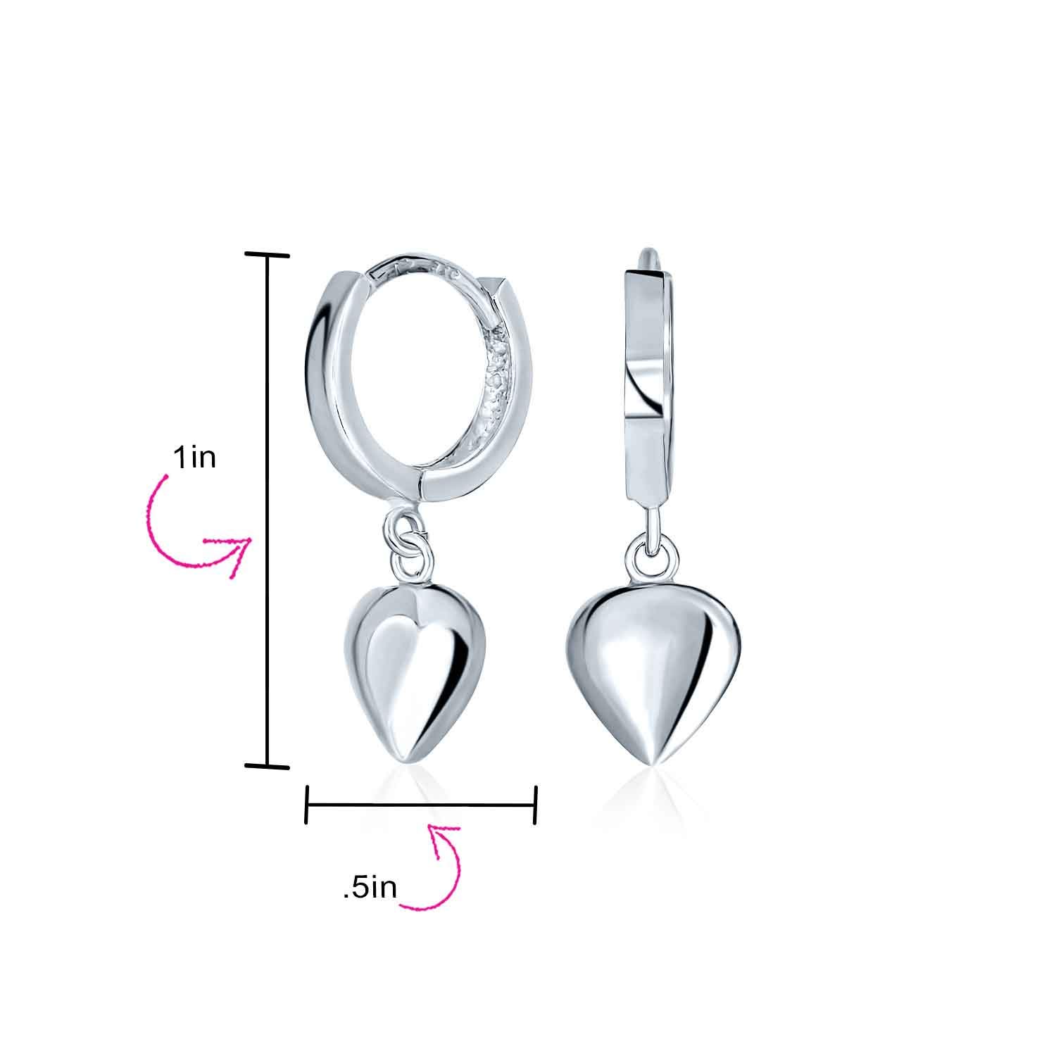 Romantic Love Dangle Charm Puff Heart Shaped Huggie Mini Hoop Earrings For Women Teens .925 Sterling Silver