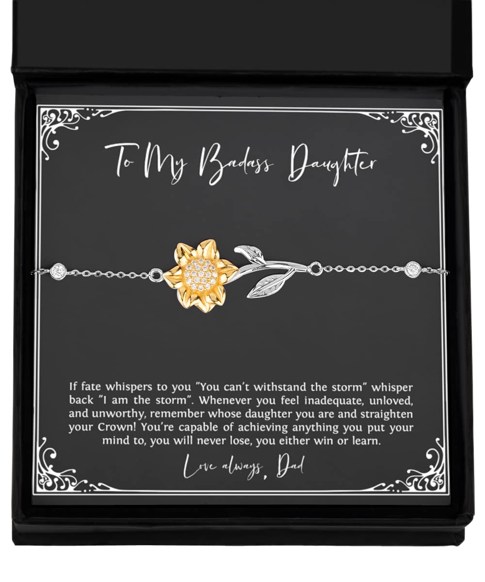 To My Badass Daughter Bracelet From Dad, 925 Sterling Silver Bracelet with 14k Gold Sunflower Charm, Daughter Gift from Dad, Gifts for Daughters from Dad, Birthday Present for Teen Girls