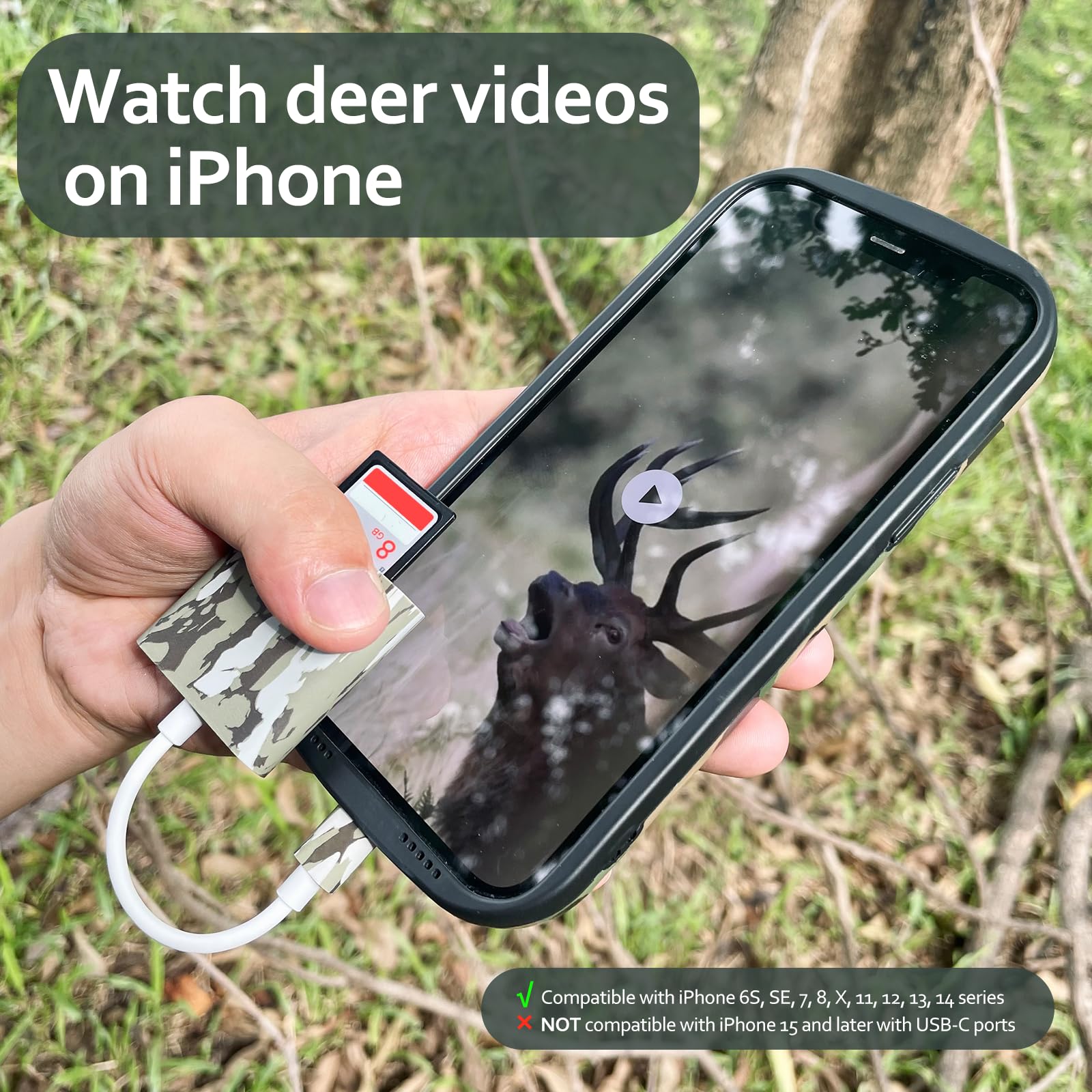 Trail Camera Viewer, Plug & Play for Hunters to View Images and Videos from Game Camera for iPhone 6S, SE, 7, 8, X, 11, 12, 13, 14 Series