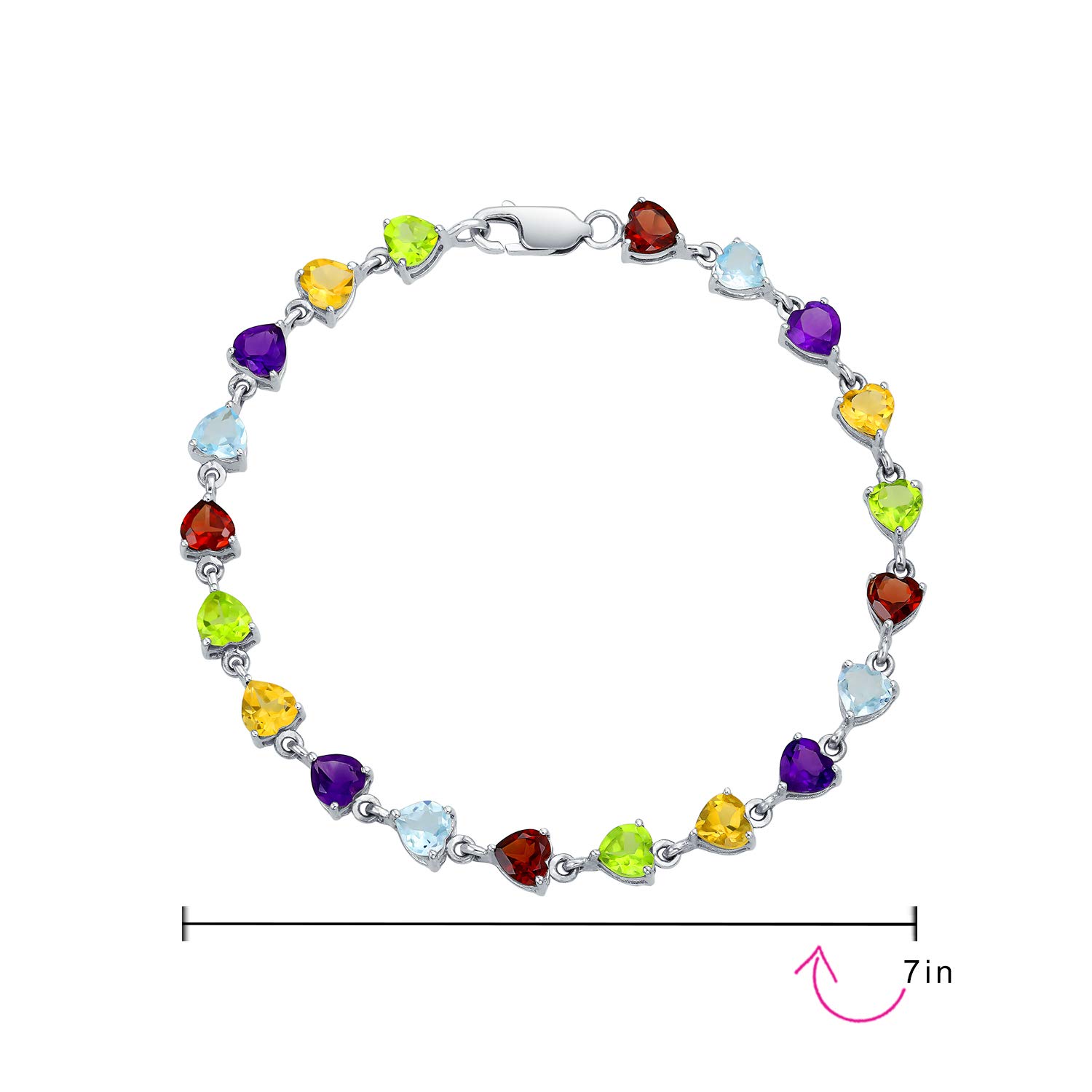 Romantic Natural Multicolor Citrine, Peridot, Garnet, Aquamarine, & Amethyst Heart Shape Gemstone Tennis Bracelet For Women .925 Sterling Silver 7 Inch
