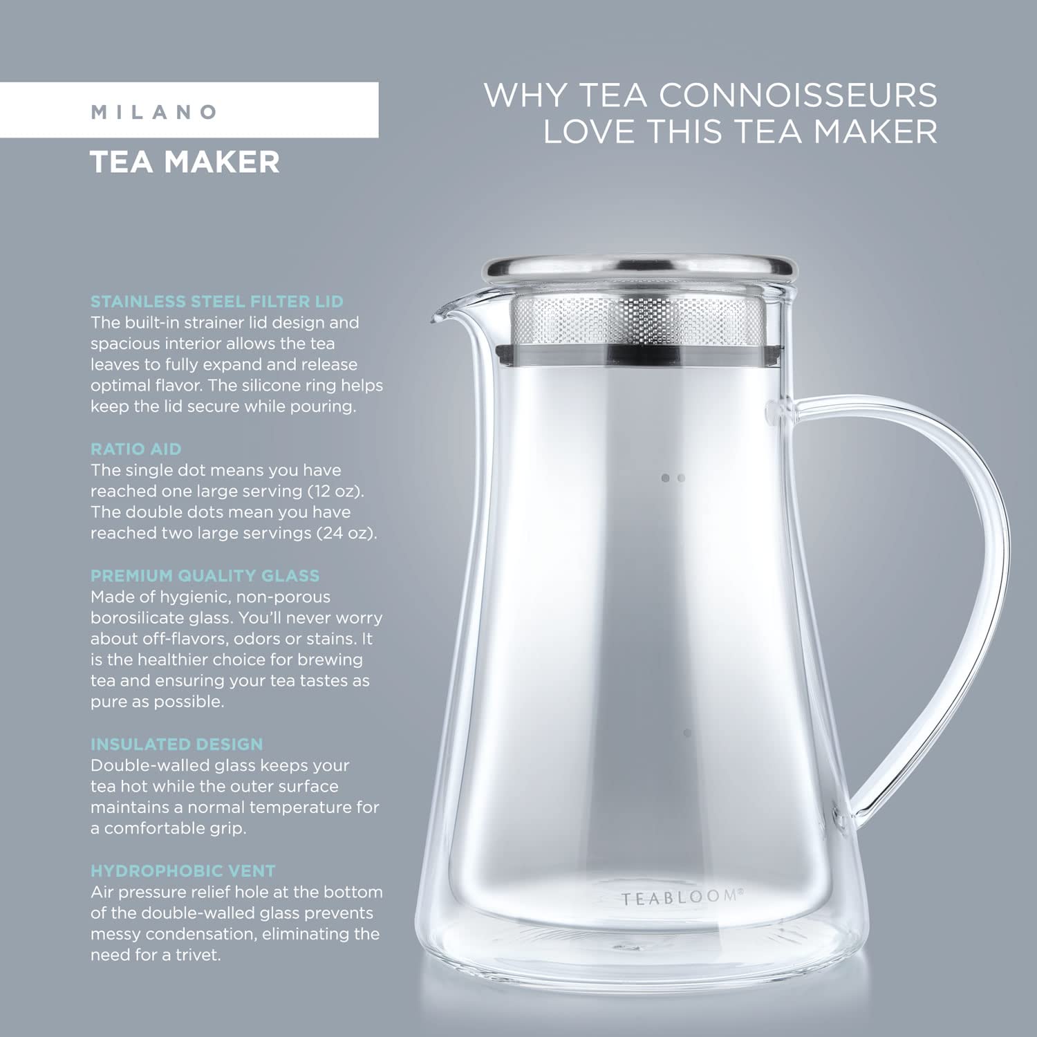 Teabloom Insulated Teapot – Tea Maker For Two (24 oz / 2 Mugs) – Double Wall Glass Tea Steeper with Stainless Steel Filter Lid for Loose Leaf Tea – Milano Collection