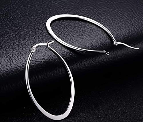 Stainless Steel Gold Thin and Flat Big Large Oval Spring loaded Hoop Earrings-Silver