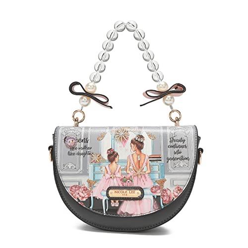 Nicole Lee Shoulder Bag with Pearls Bows, Small Flap Handbag with Removable Crossbody Strap (Double Queens)
