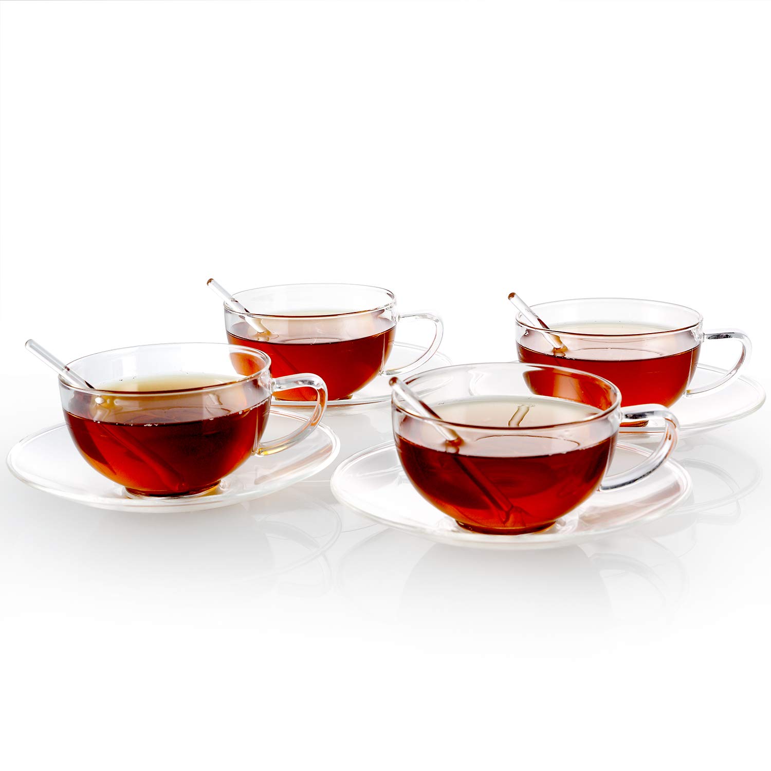 Teabloom Kyoto Teacup and Saucer Set 4-Pack – 12 OZ/ 350 ML Capacity – Premium Borosilicate Glass – Heat Resistant, Microwave Safe – Glass Mug Set