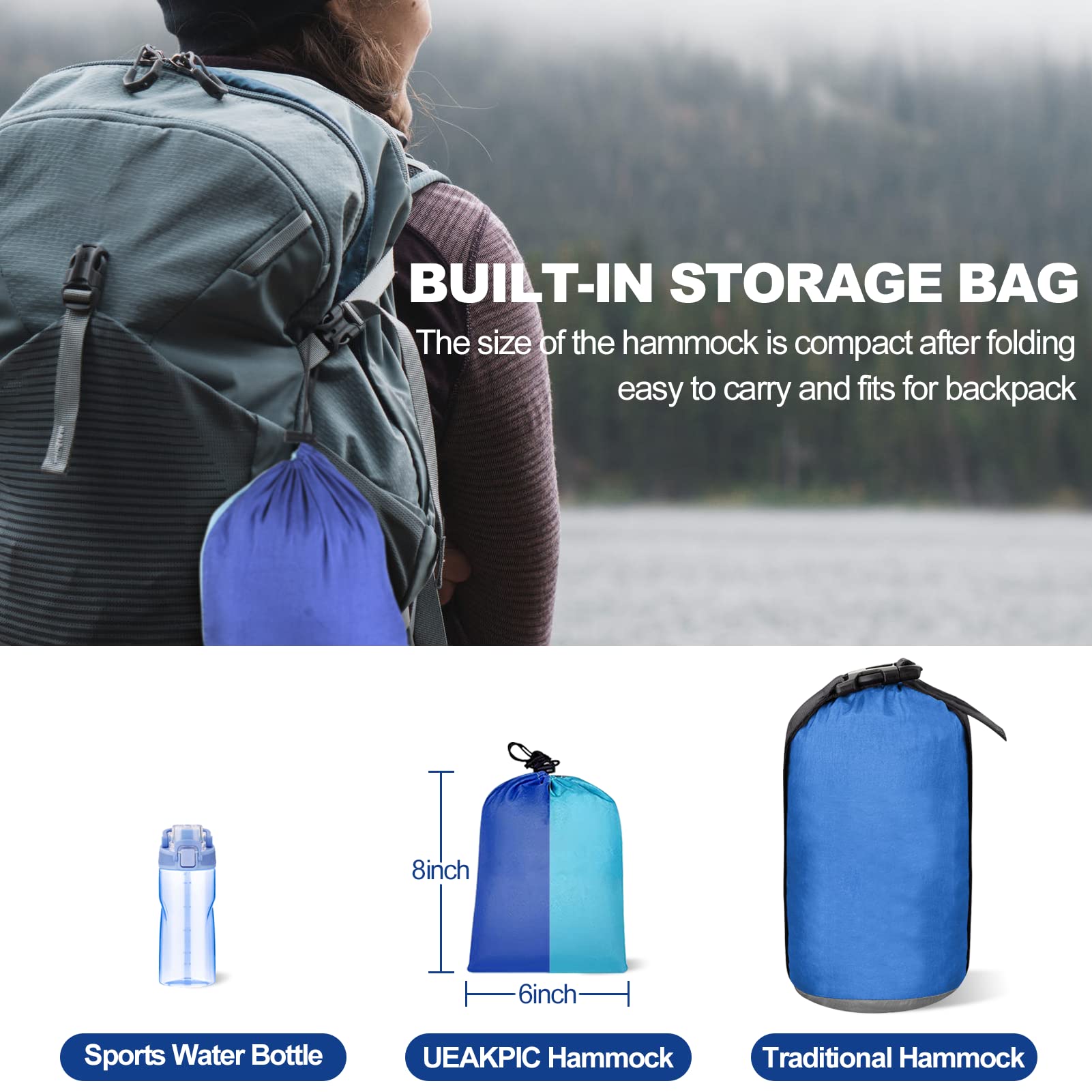 UEAKPIC Hammock Camping , Double Portable Hammocks with Tree Straps , Parachute Lightweight Nylon Hammock for Outdoor Travel Backpacking (Dark Blue / Blue )