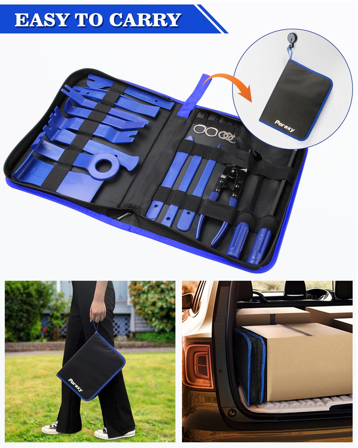 Poraxy 19Pcs Trim Removal Tool, Car Panel Door Audio Dashboard Trim Removal Tool Kit, Auto Clip Pliers Fastener Remover Set, Plastic Pry Tool, Automotive Upholstery Removal Kit