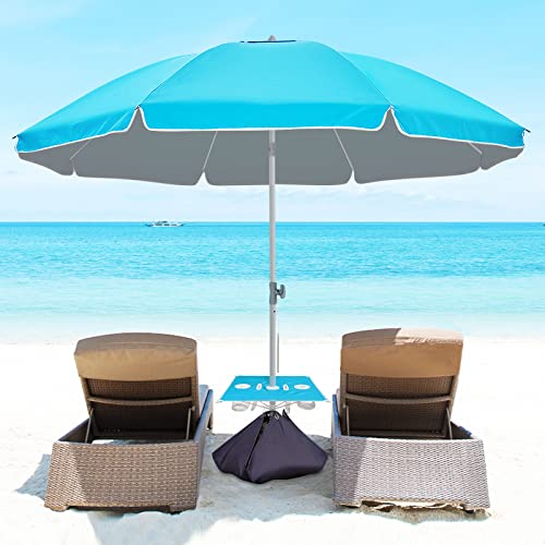 wikiwiki 7FT Beach Umbrella with Table & Sand Bags, Portable SPF60+ Protection Sunshade Umbrella with Sand Anchor, Sand Bags, Cup Holder, Carry Bag for Outdoor Patio Sand Beach (Ocrean Blue)