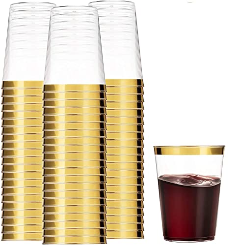Munfix 100 Gold Plastic Cups 16 Oz Clear Plastic Cups Tumblers Gold Rimmed Cups Fancy Disposable Wedding Cups Elegant Party Cups with Gold Rim