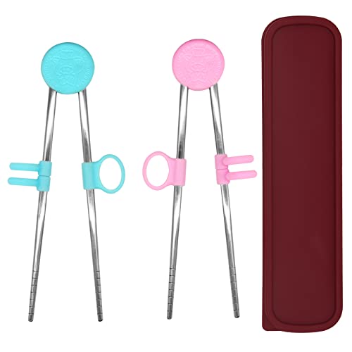 Teach Your Kids How to Use chopsticks with our 2 Pairs of Training Chopsticks for Beginner - Reusable Stainless Steel Kids' Chopsticks Perfect for Learning!(BLUE,PINK)