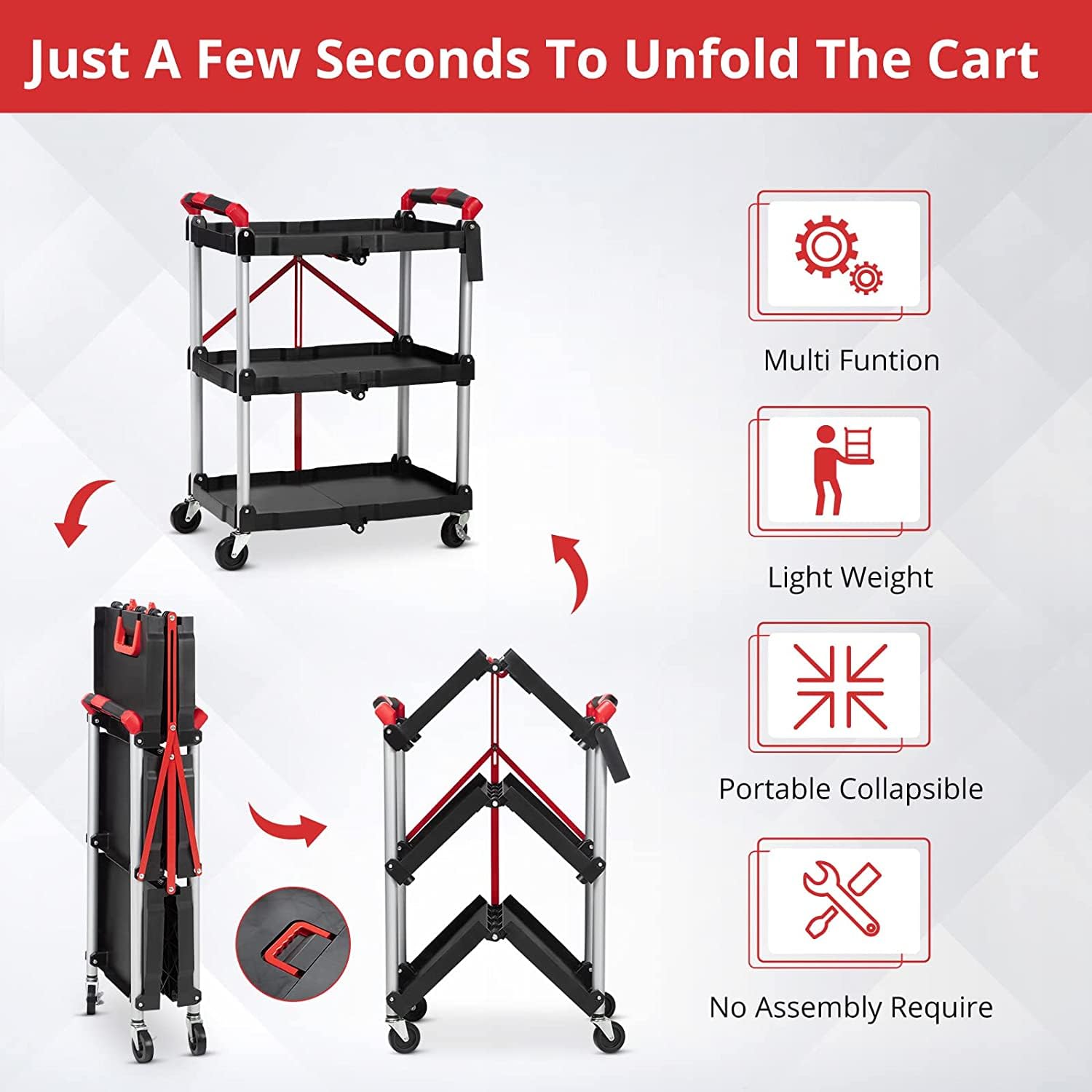 Portable Folding Service Cart, 3-Tier Fold Up Rolling Cart, Collapsible Push Cart with Wheels, 56 Lbs Load Capacity per Shelf Folding Utility Carts for Home/Office/Warehouse